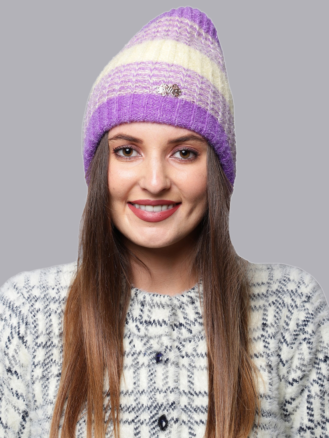 Buy ELLIS Women Purple & Cream Coloured Self Design Beanie - Caps for ...