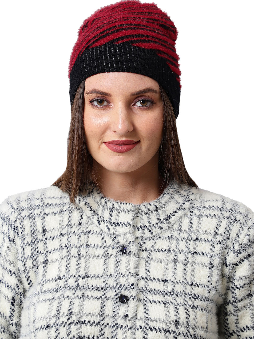 Buy ELLIS Women Maroon & Black Self Design Beanie Cap - Caps for Women ...