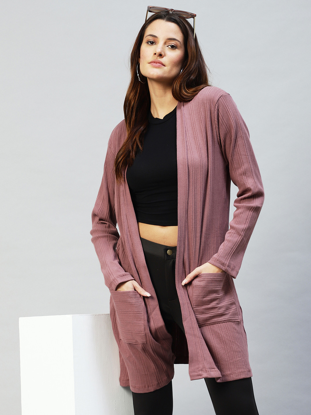Buy Rigo Women Mauve Self Design Longline Shrug - Shrug for Women ...
