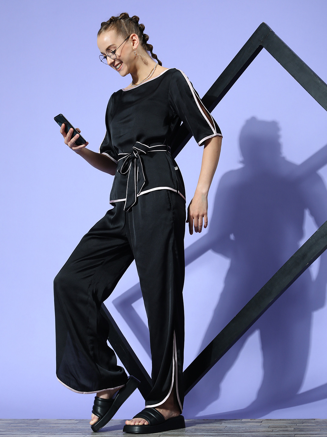 Buy Bannos Swagger Women Black Slumber Together Satin Solid Workleisure ...