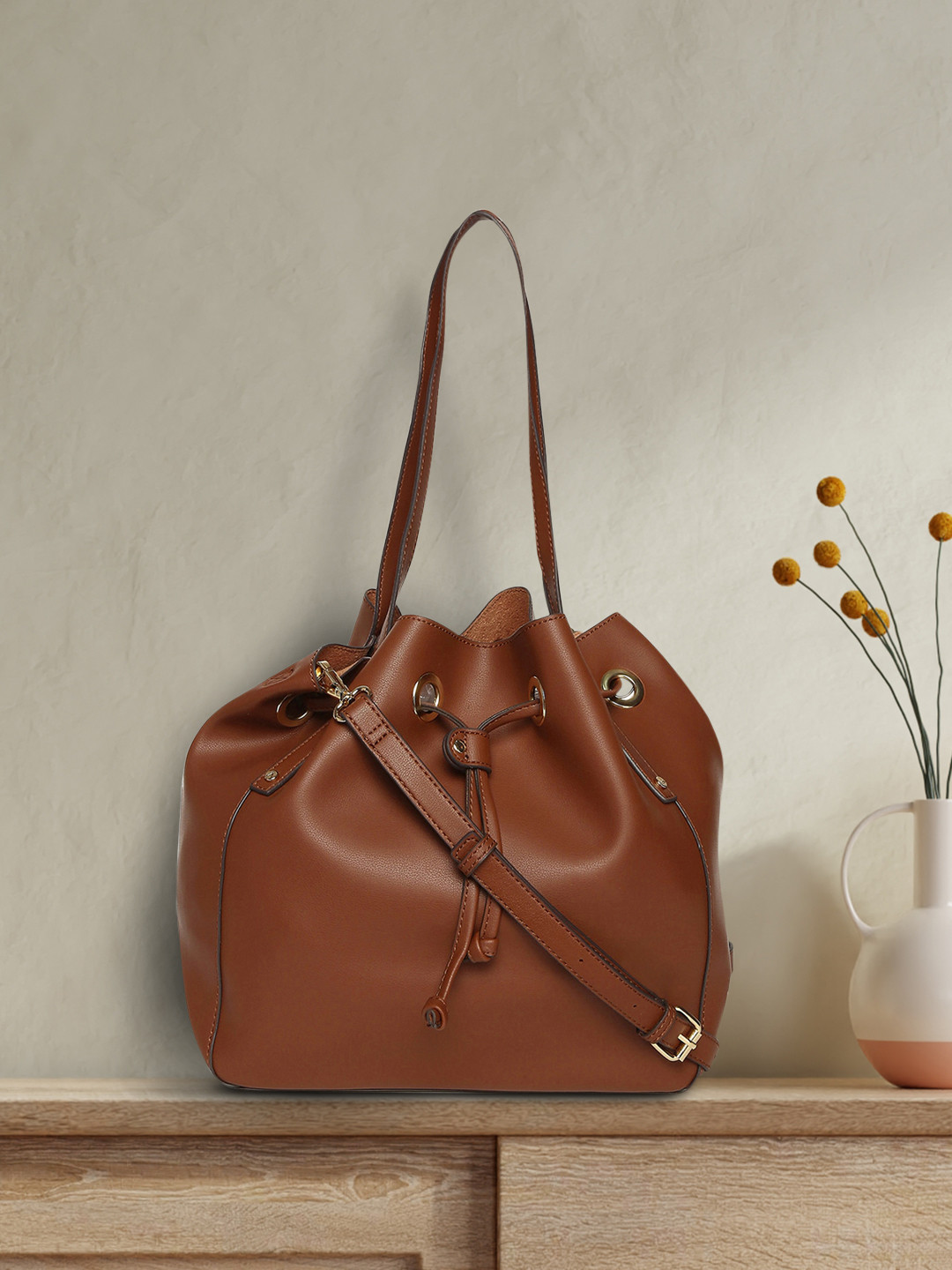 Buy Accessorize London Women's Faux Leather Tan Eyelet Drawstring Bag ...