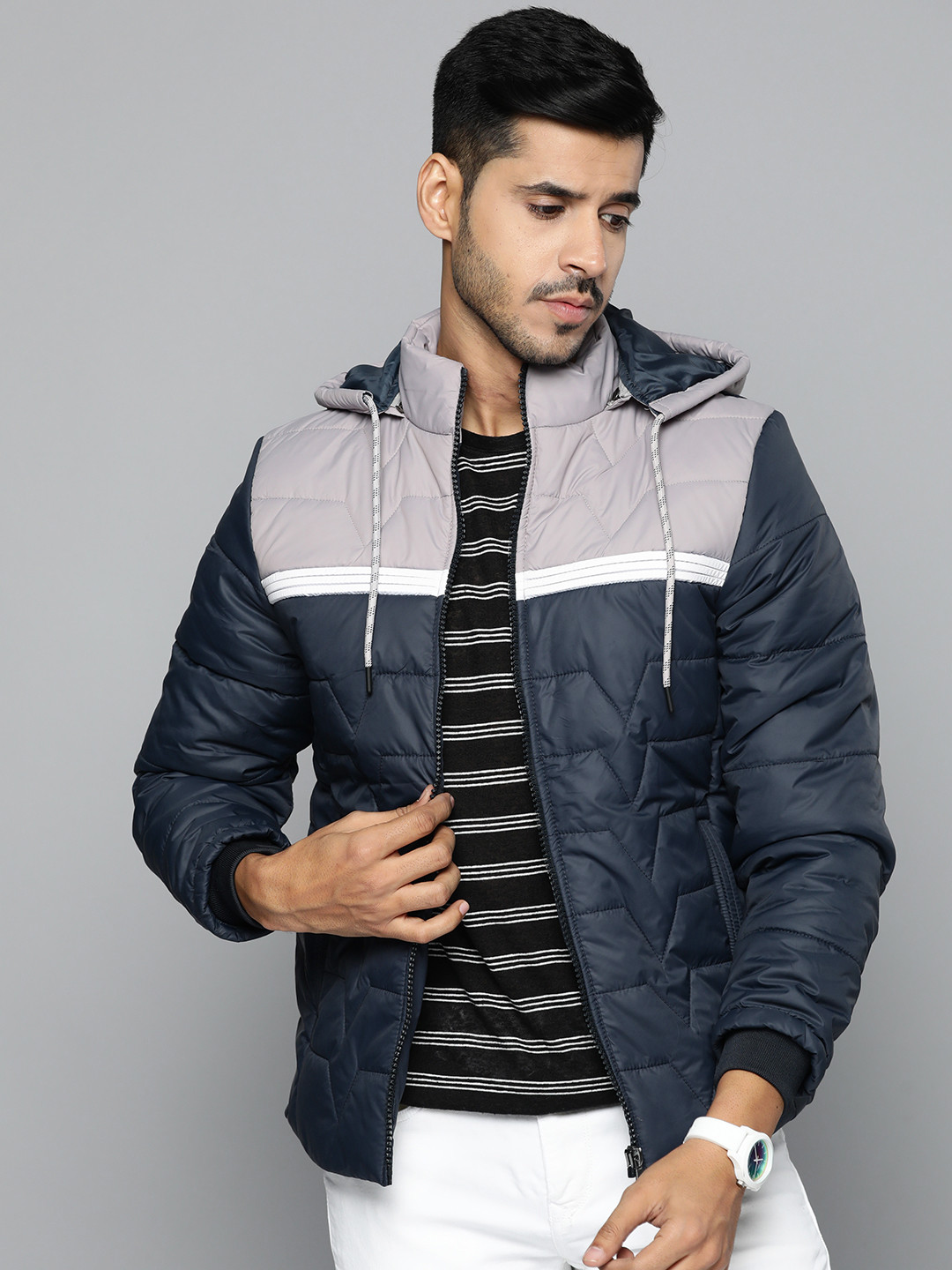 Buy Fort Collins Men Navy Blue & Grey Colourblocked Padded Jacket ...