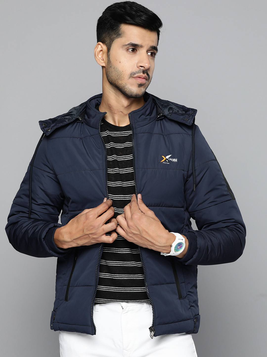 Buy Fort Collins Men Navy Blue Solid Padded Jacket - Jackets for Men ...