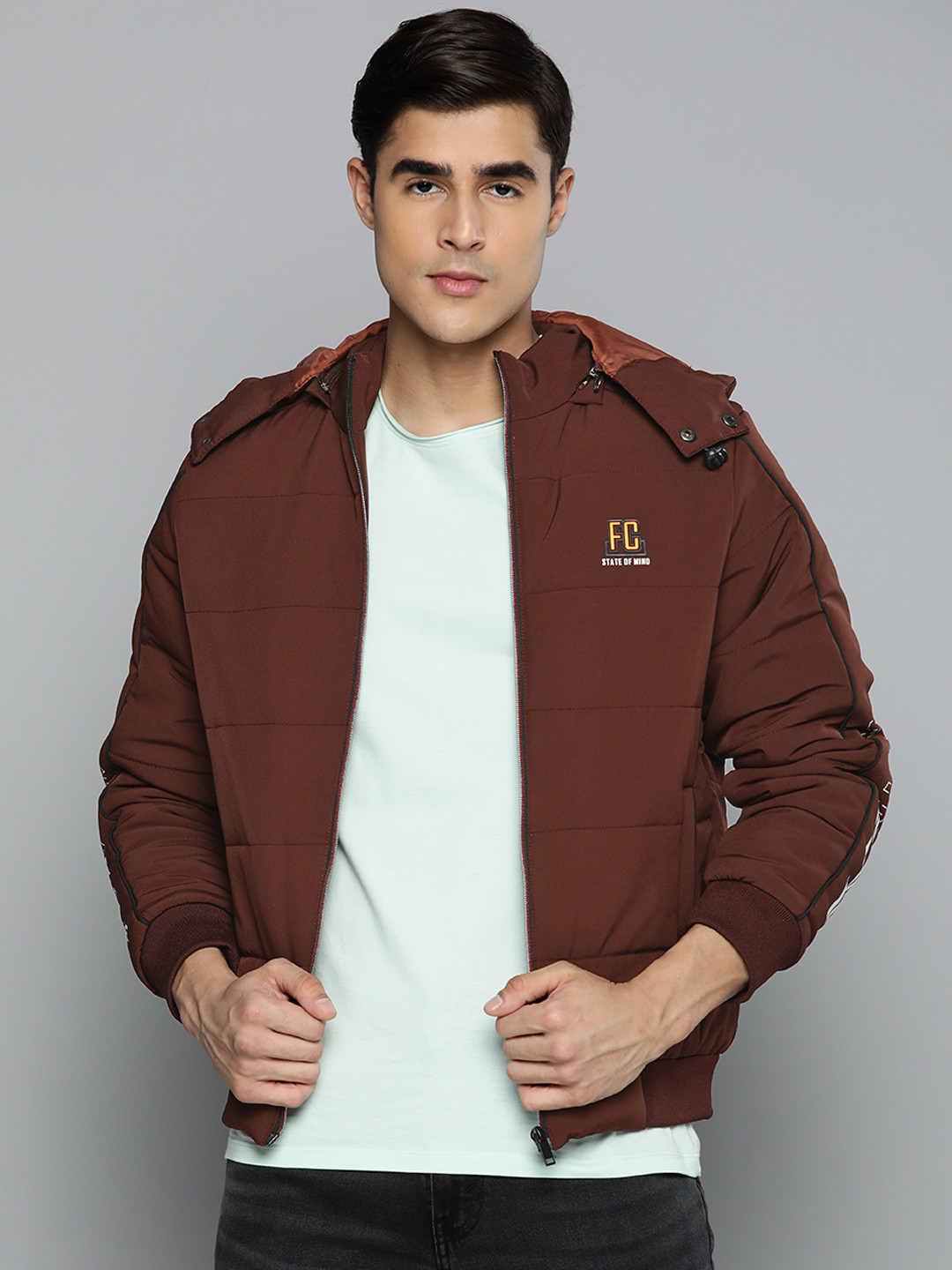 Buy Fort Collins Men Burgundy Printed Insulator Hooded Bomber Jacket ...