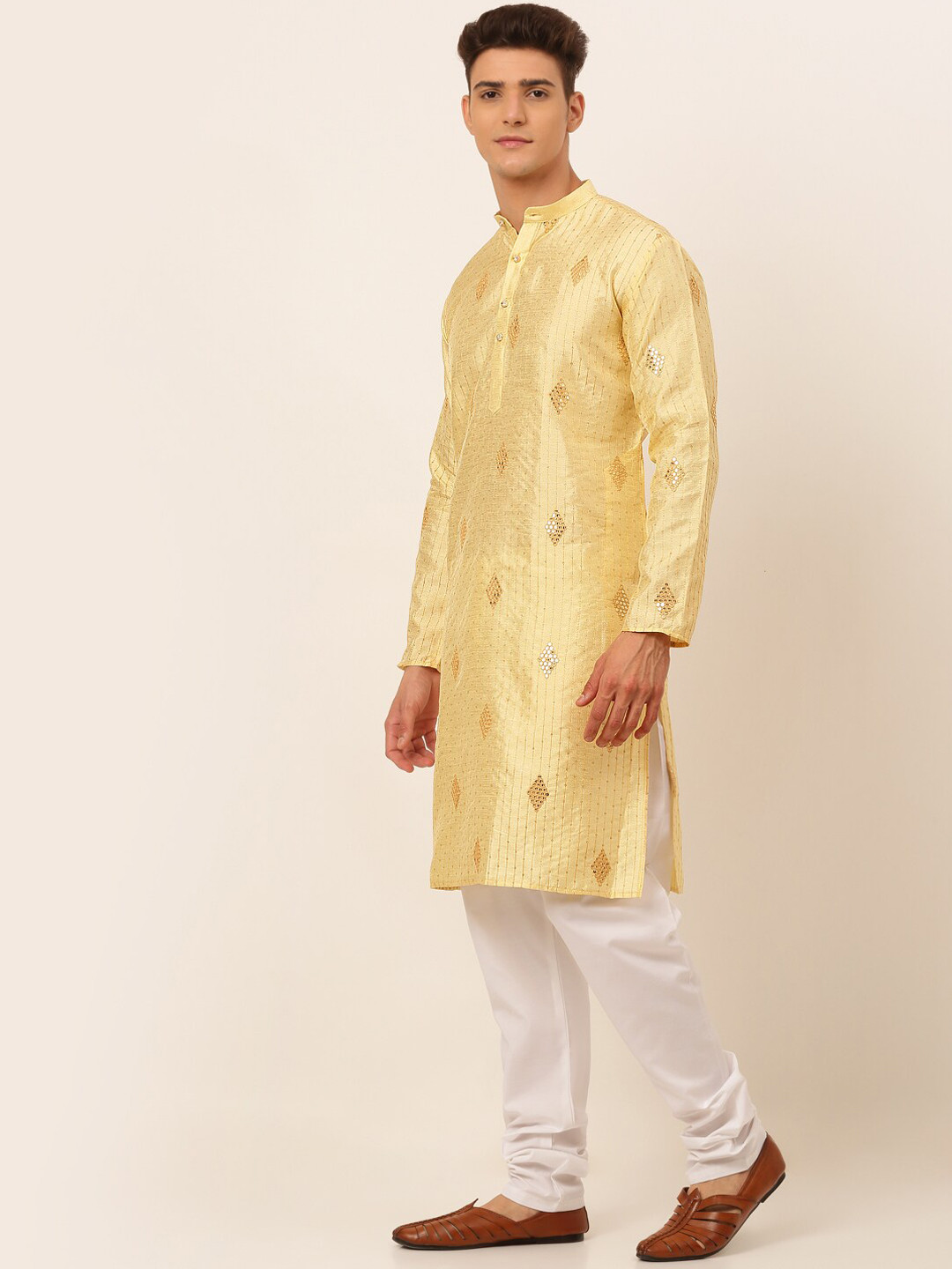 Buy Jompers Men Gold Toned Mirror Work Kurta With Churidar - Kurta Sets ...
