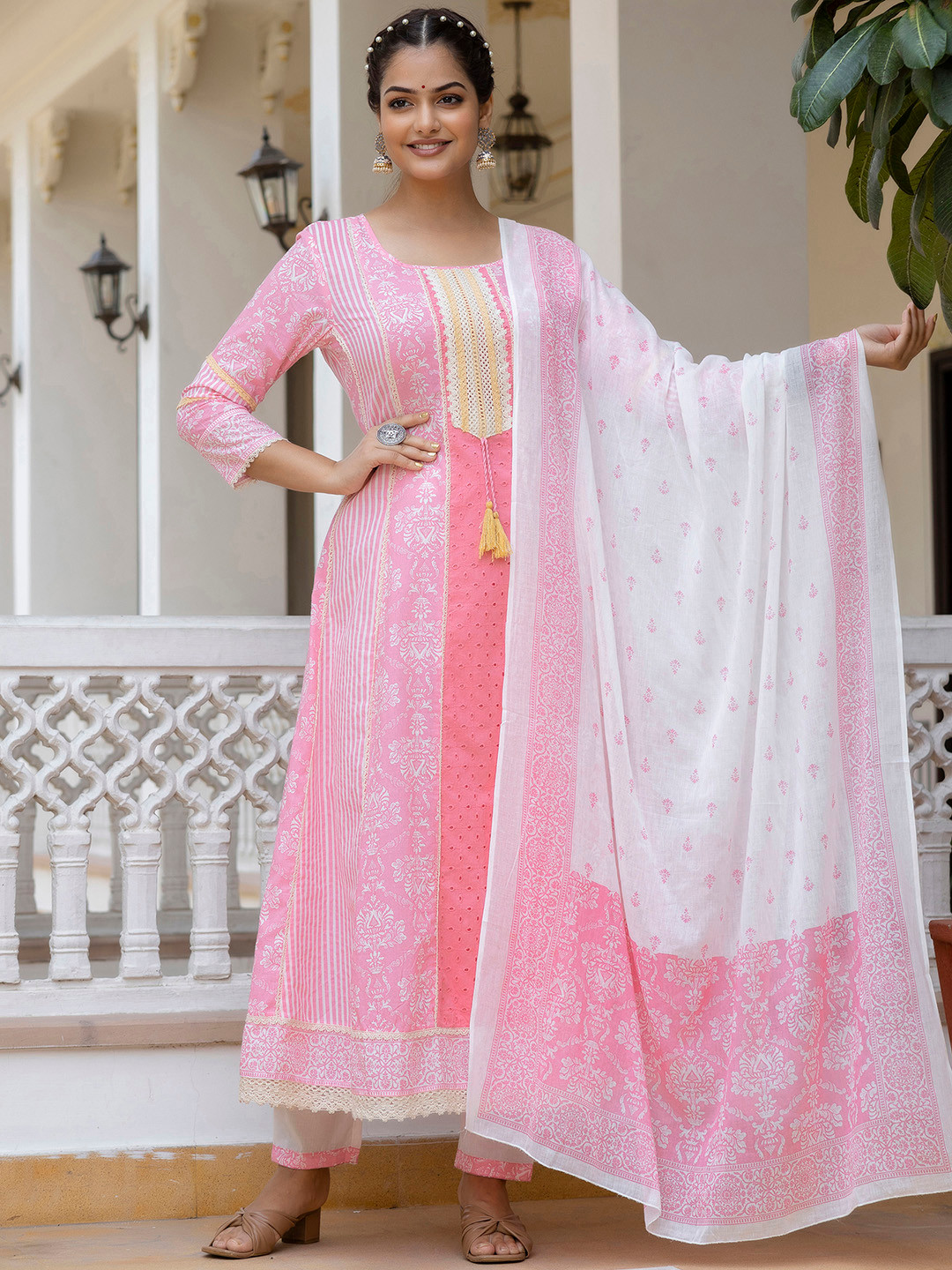 Buy Sangria Women Ethnic Motifs Printed Lace Insert Kurta With Trousers