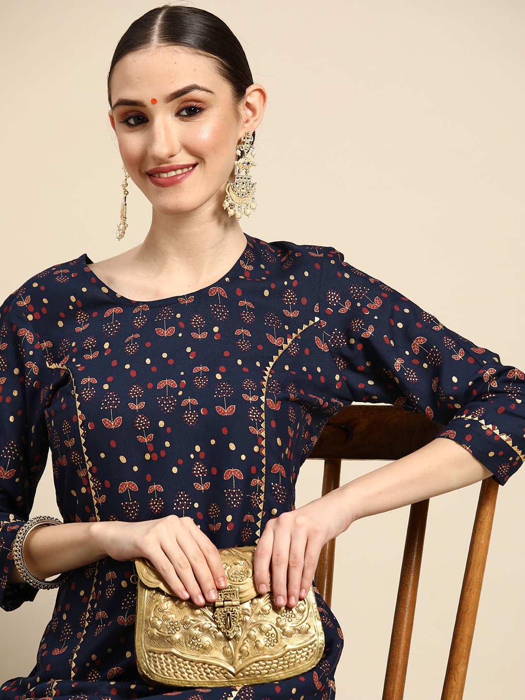Buy Sangria Women Navy Blue And Golden Ethnic Motifs Print Straight Fit