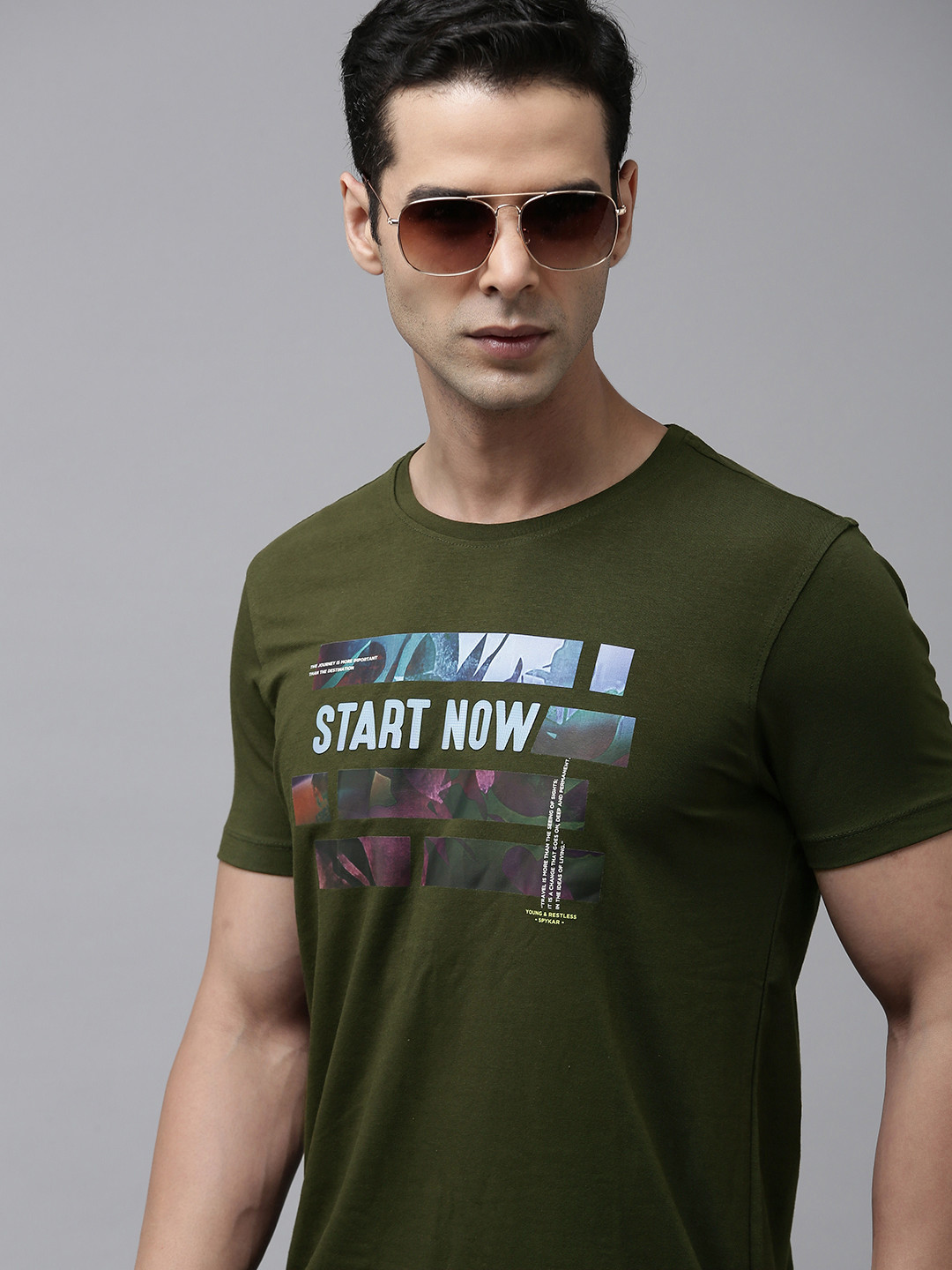 Buy SPYKAR Men Typography Print & Block Stripes Knitted Slim Fit T ...