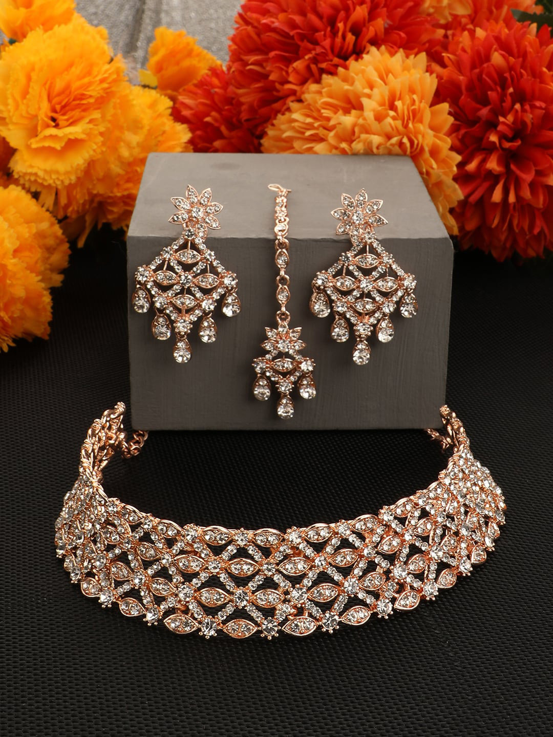 Buy Bhana Fashion Rose Gold Plated White Stone Studded Jewellery Set ...