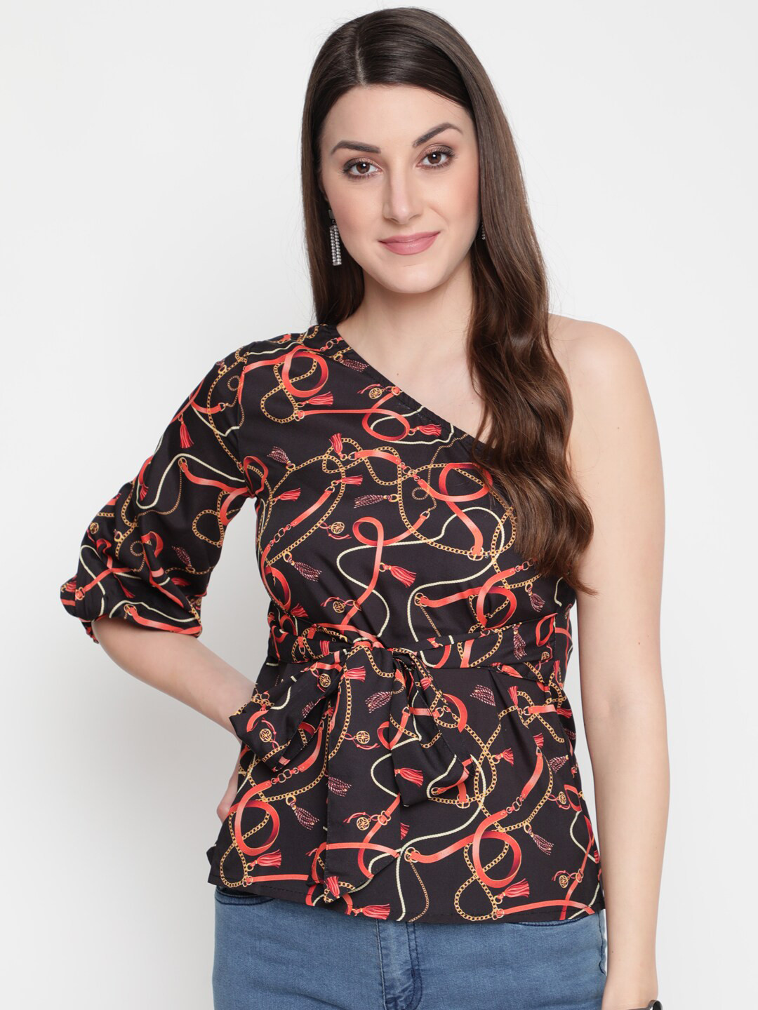 Buy AKIMIA Black Printed One Shoulder Crepe Top - Tops for Women ...