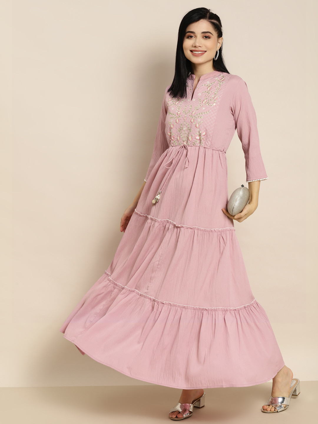 Buy Juniper Blush Pink Embroidered Tiered Flared Maxi Ethnic Dress ...
