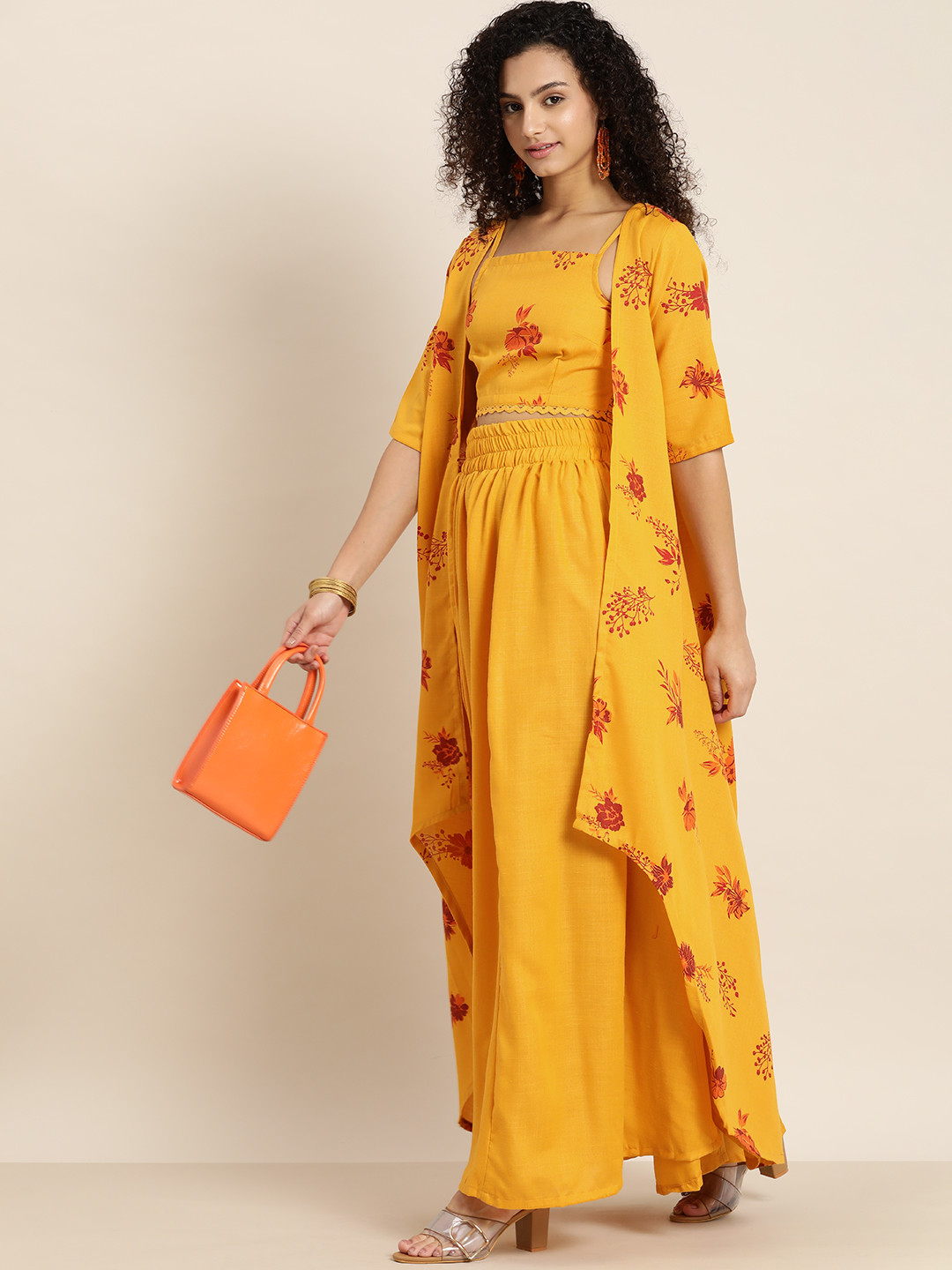 Buy Moda Rapido Women Mustard & Red Printed Top With Skirt With Shrug ...