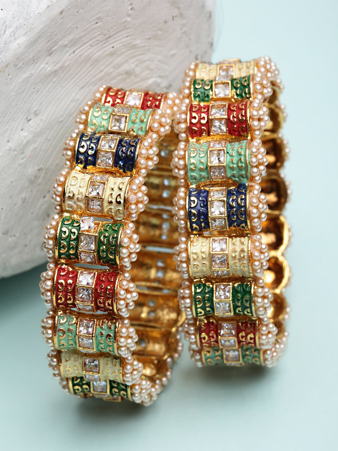 Buy KARATCART Set Of 2 Gold Plated & Red Stone Studded Rajwadi Bangle ...
