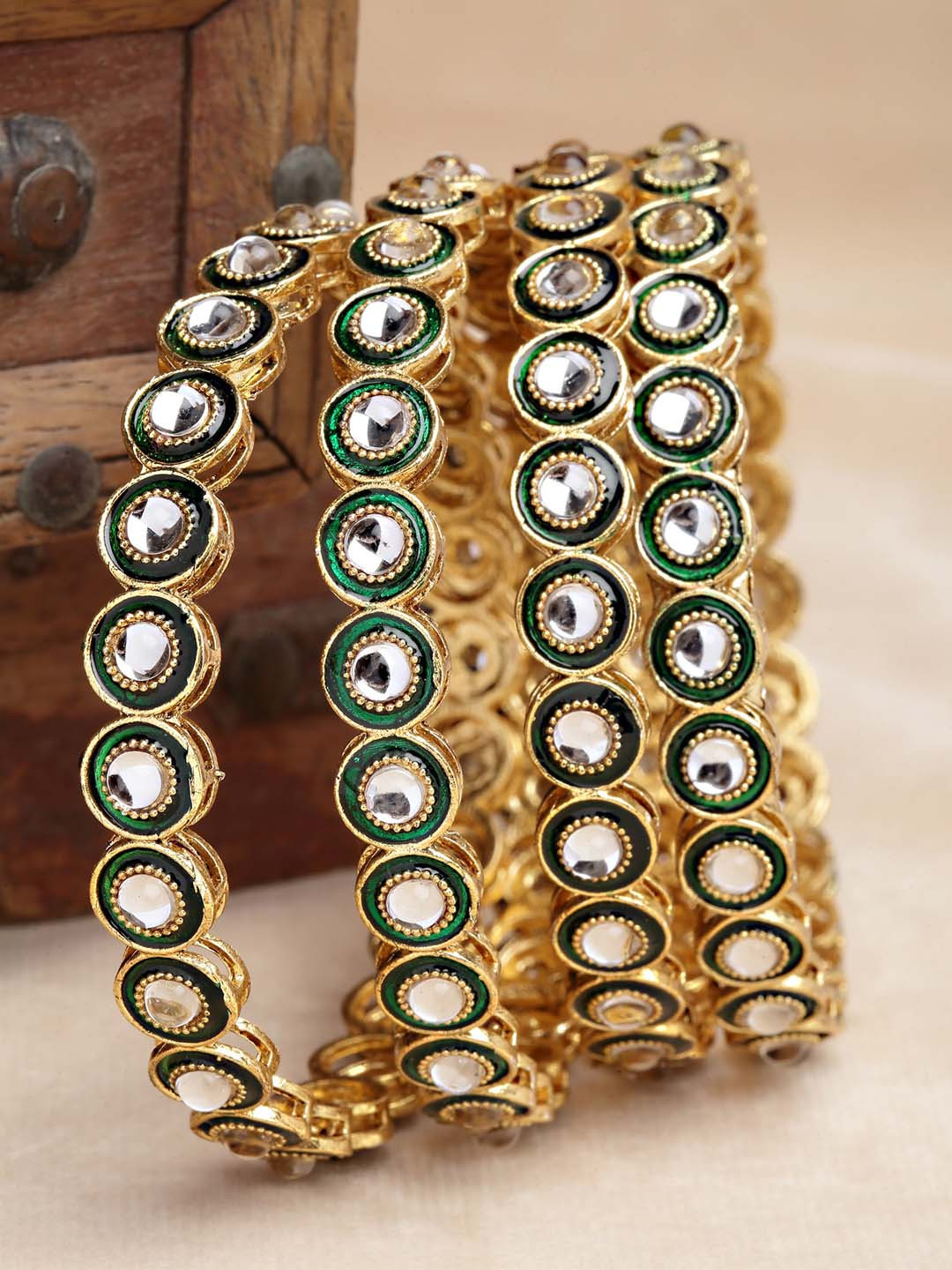 Buy KARATCART Set Of 4 Gold Plated & Green Kundan Studded Rajwadi ...