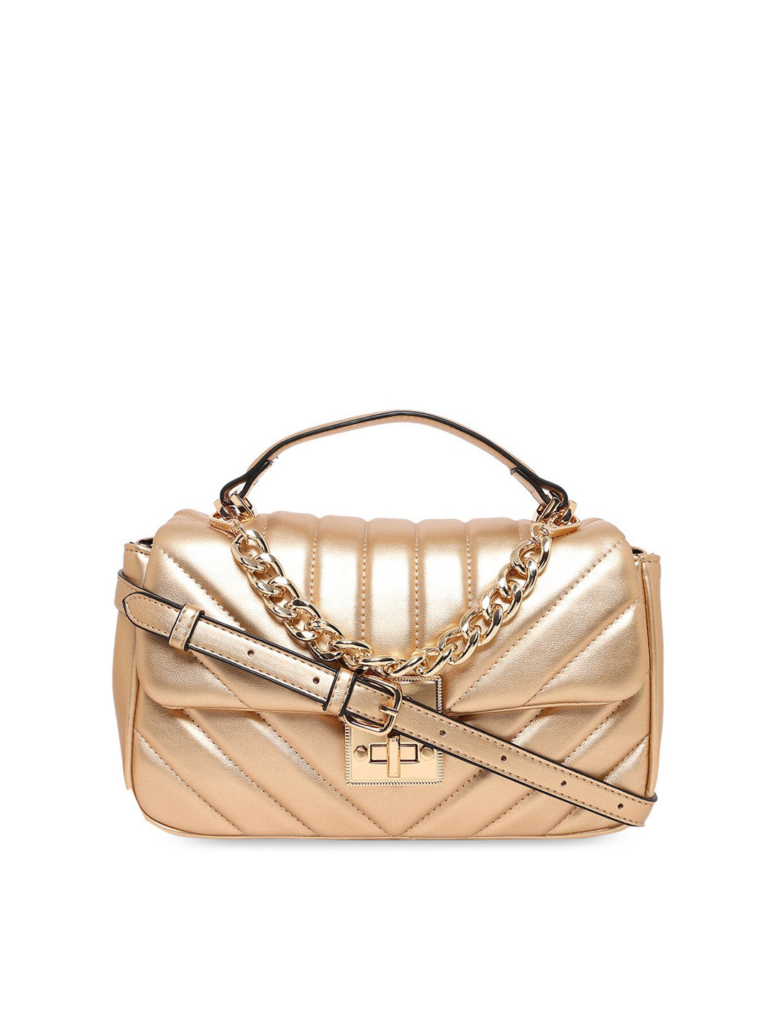Buy ALDO Gold Toned Textured PU Structured Satchel With Quilted ...