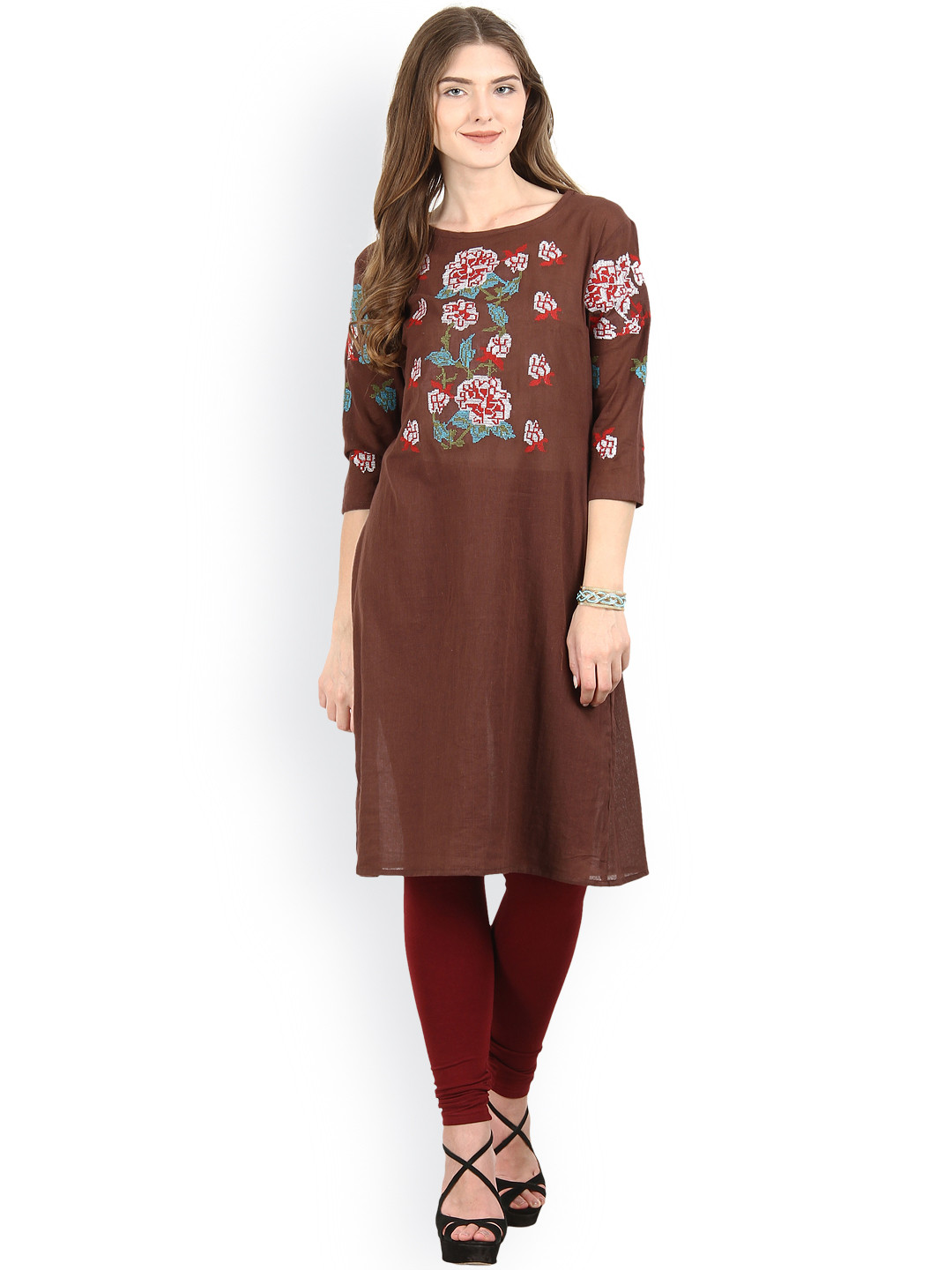 Buy La Firangi Women Brown Embroidered Straight Kurta - Kurtas for ...