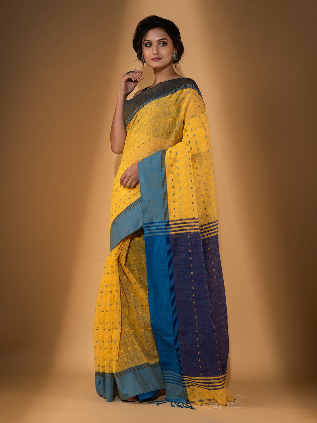 Buy BEATITUDE Yellow And Blue Woven Design Pure Cotton Saree - Sarees ...