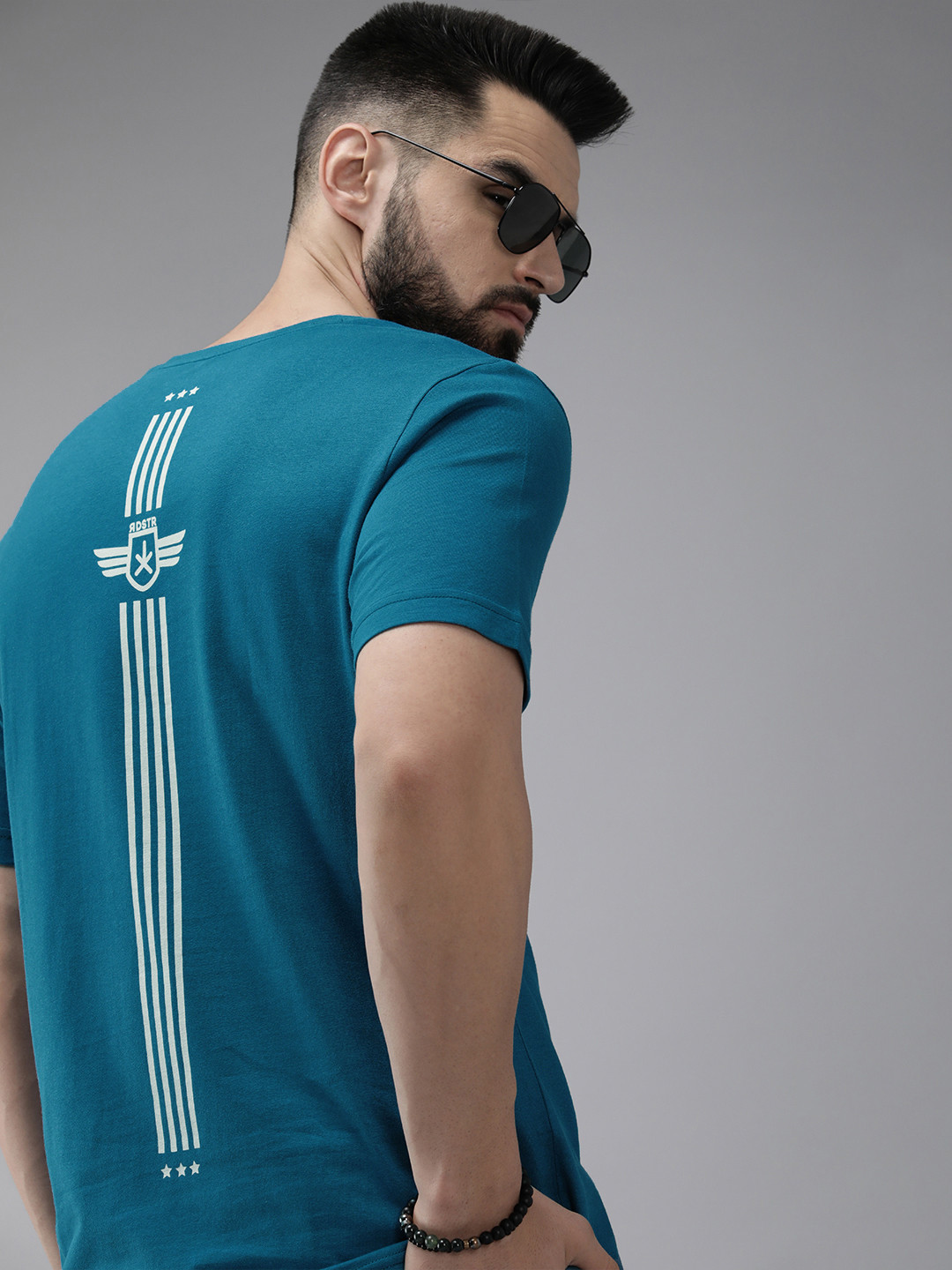 Buy Roadster Men Teal Blue Brand Logo Printed V Neck Pure Cotton T ...