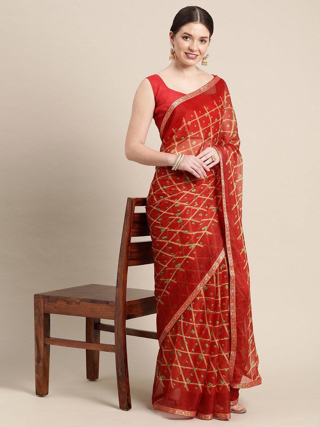 Buy Saree Mall Maroon & Beige Checked Bandhani Sarees - Sarees for ...