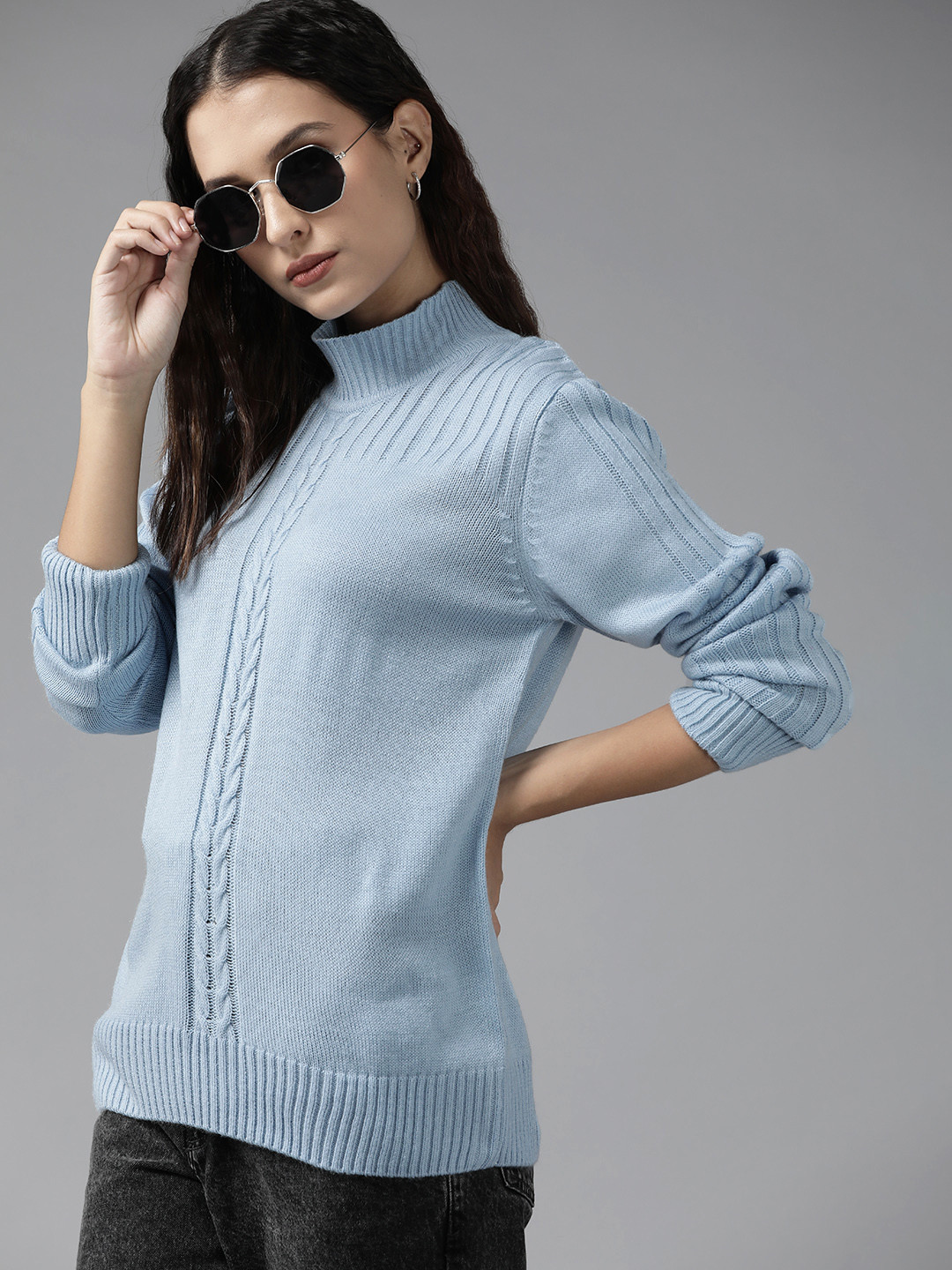 Buy Roadster Women Blue Cable Knit Acrylic Pullover - Sweaters for ...