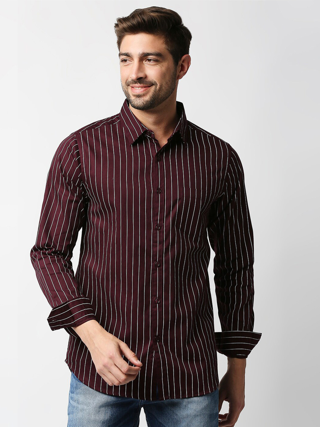 Buy VALEN CLUB Men Maroon Slim Fit Striped Cotton Casual Shirt - Shirts ...