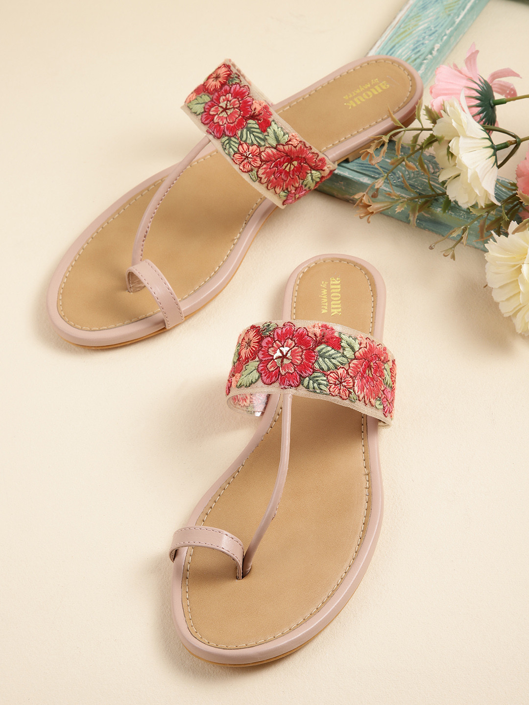 Buy Anouk Women Beige & Pink Woven Design Ethnic One Toe Flats - Flats ...