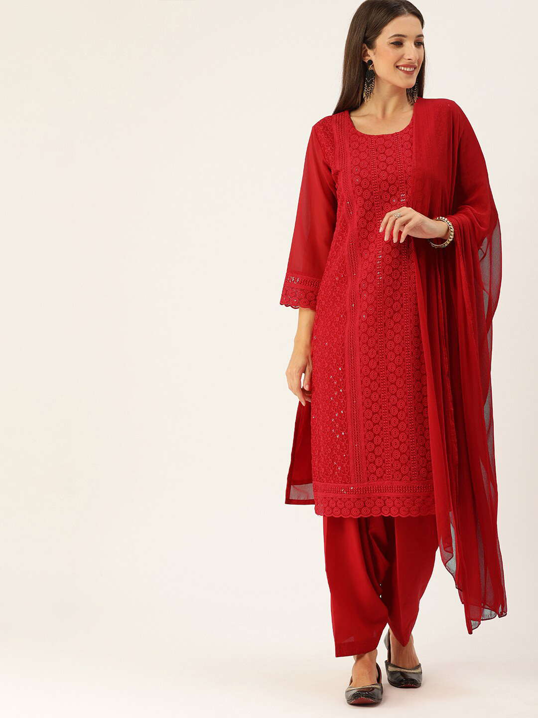 Buy SWAGG INDIA Red Embroidered Unstitched Dress Material - Dress ...