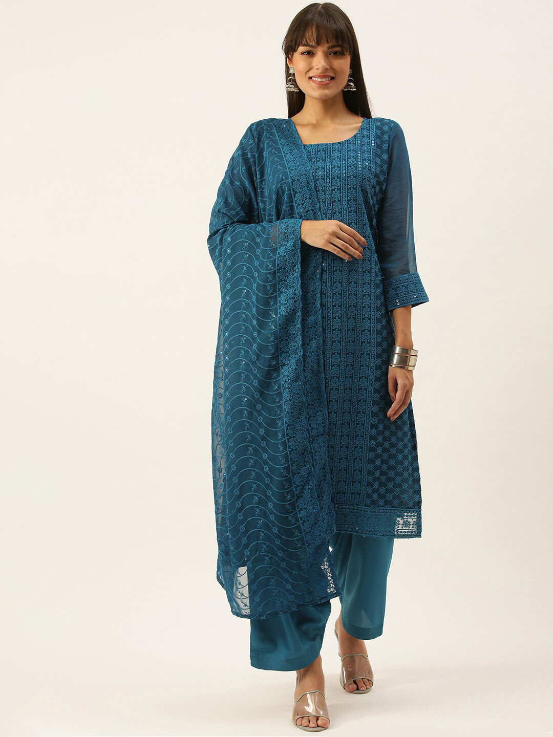 Buy SWAGG INDIA Blue Chikankari Embroidered Unstitched Dress Material ...