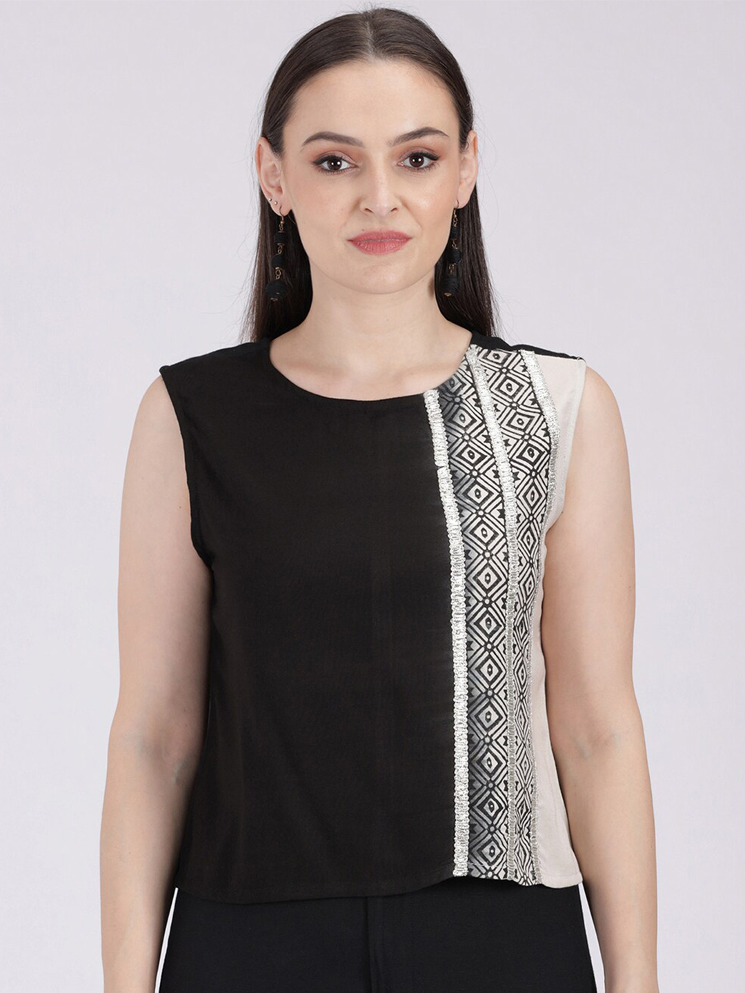 Buy Studio Rasa Black Geometric Placement Print Top - Tops for Women ...