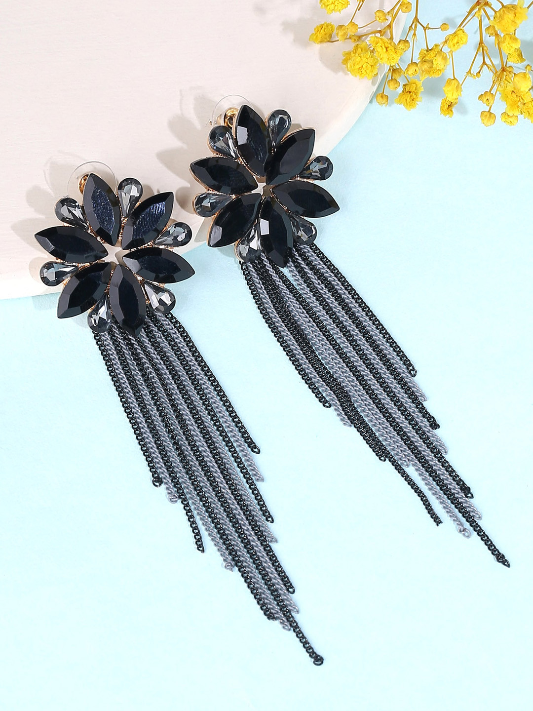 Buy Yellow Chimes Black Floral Shaped Crystal Long Chain Dangler ...
