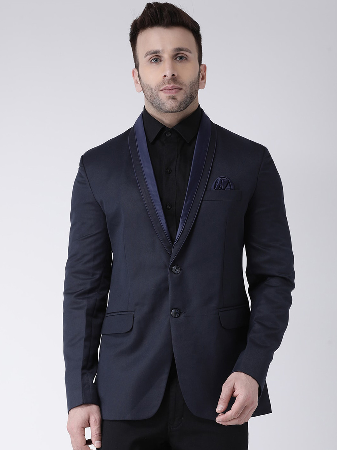 Buy Hangup Men Navy Blue Solid Single Breasted Blazer - Blazers for Men ...