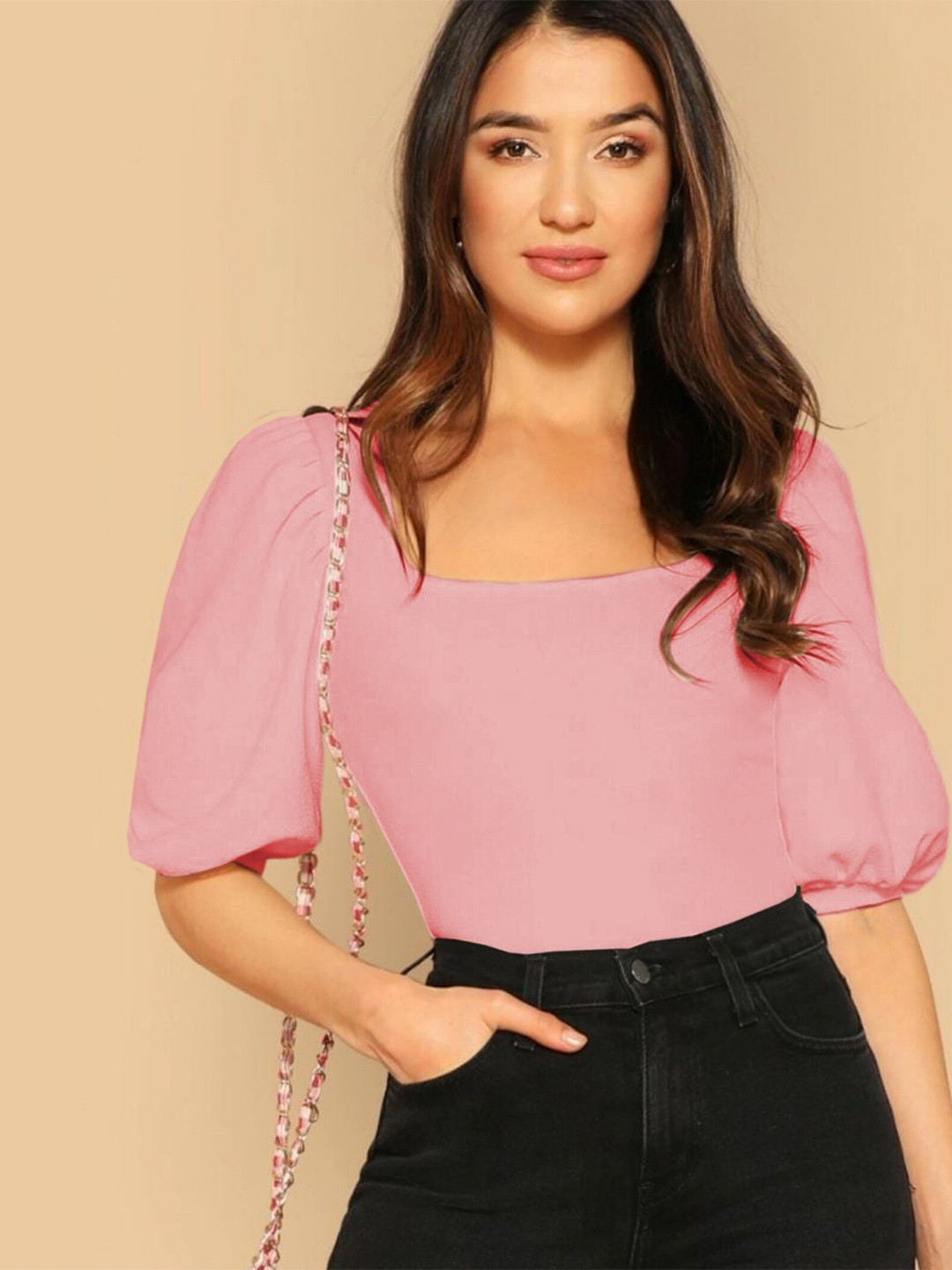 Buy Dream Beauty Fashion Women Peach Coloured Solid Puff Sleeves ...