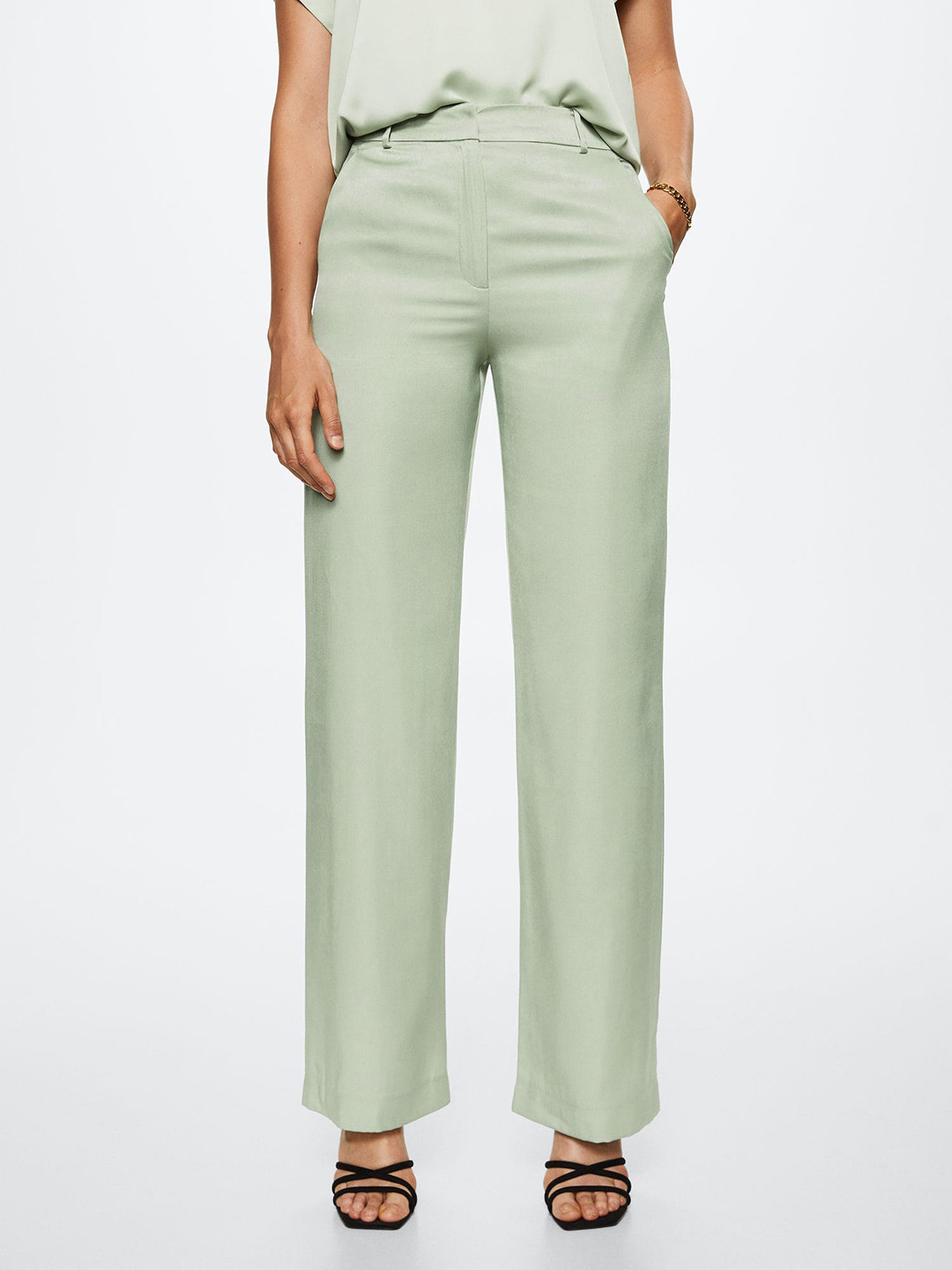 Buy MANGO Women Green Solid Formal Parallel Trousers - Trousers for ...