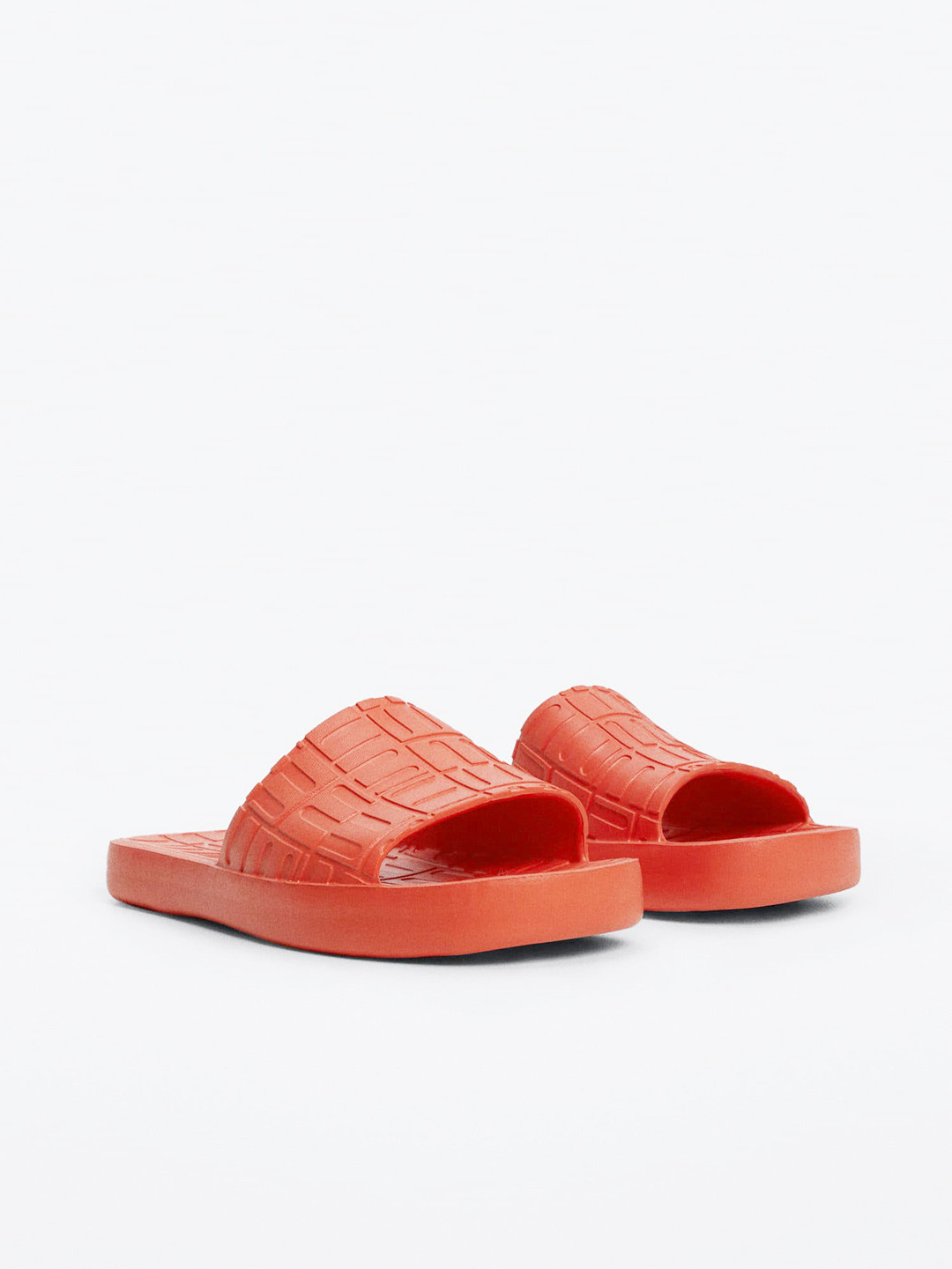 Buy MANGO Women Coral Orange Typography Textured Sliders - Flip Flops ...