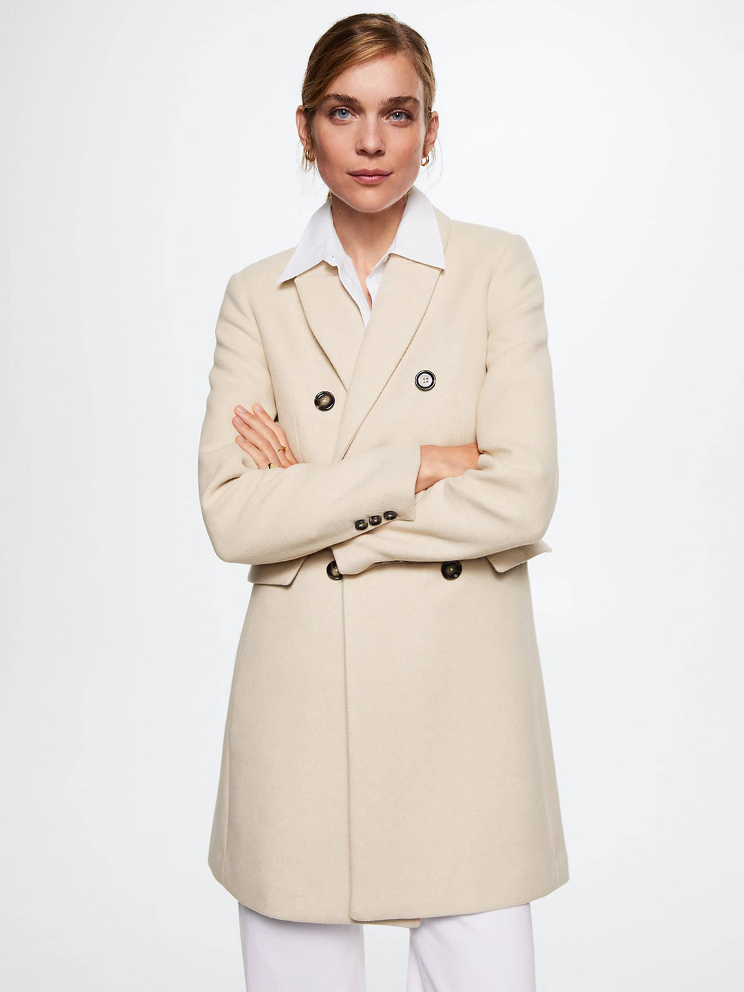 Buy MANGO Women Beige Solid Longline Double Breasted Overcoat - Coats ...