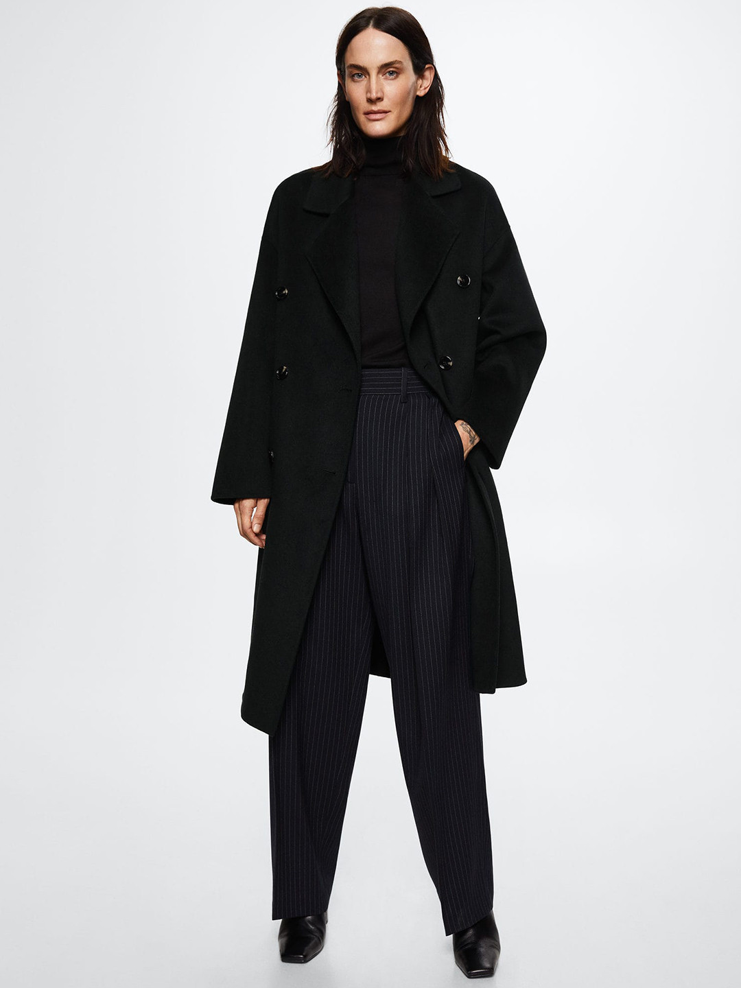 Buy MANGO Women Black Solid Longline Overcoat - Coats for Women ...