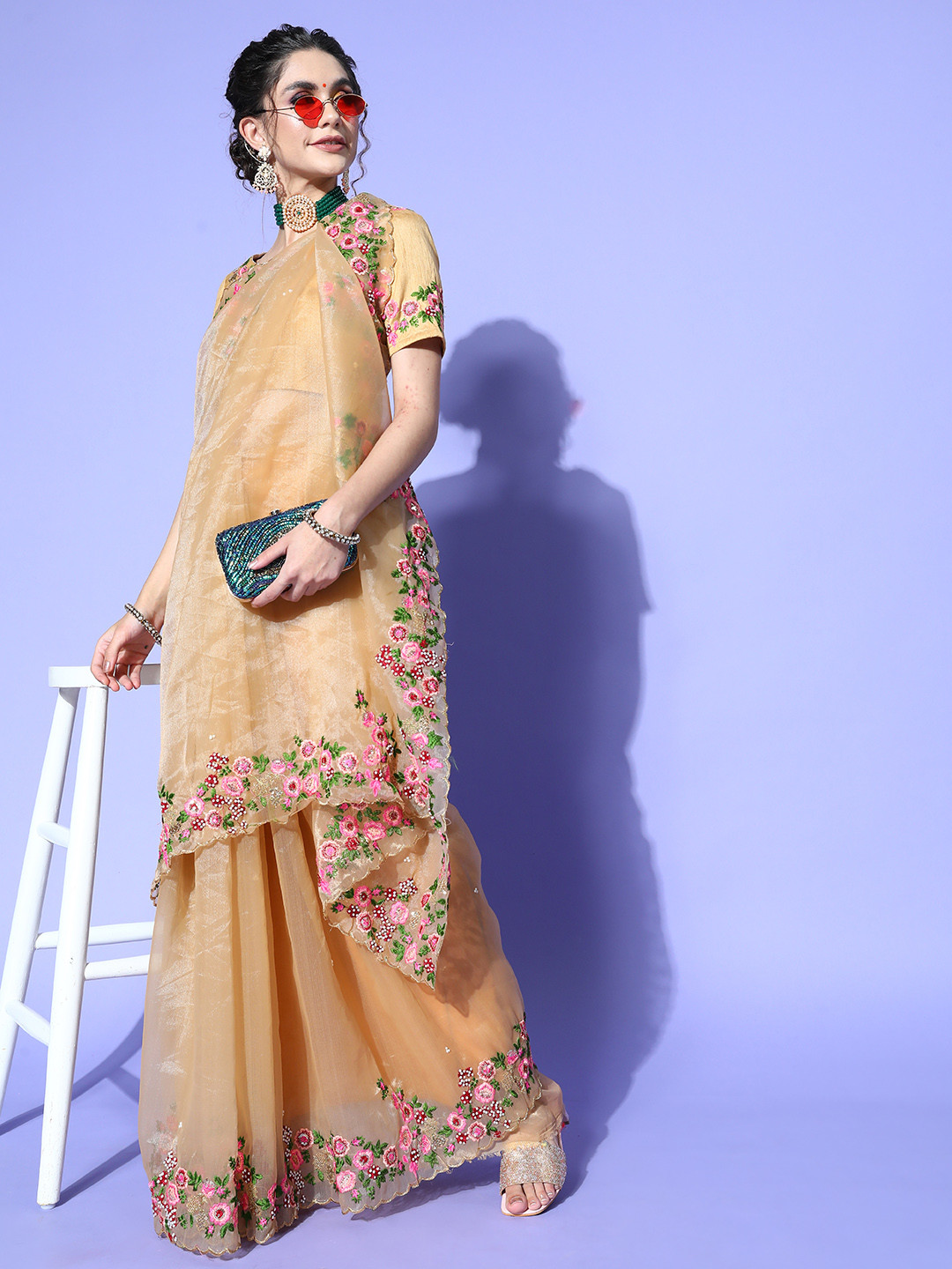 Buy Mitera Geometric Saree With Embroidered Border - Sarees for Women ...