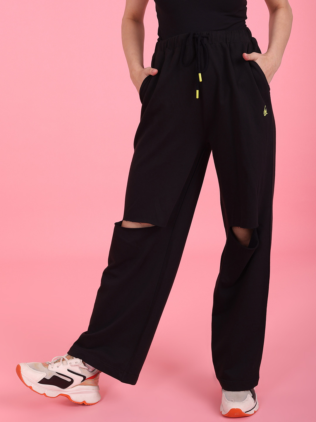 Buy Flying Machine Women Black Solid Pure Cotton Slash Knee Track Pants ...