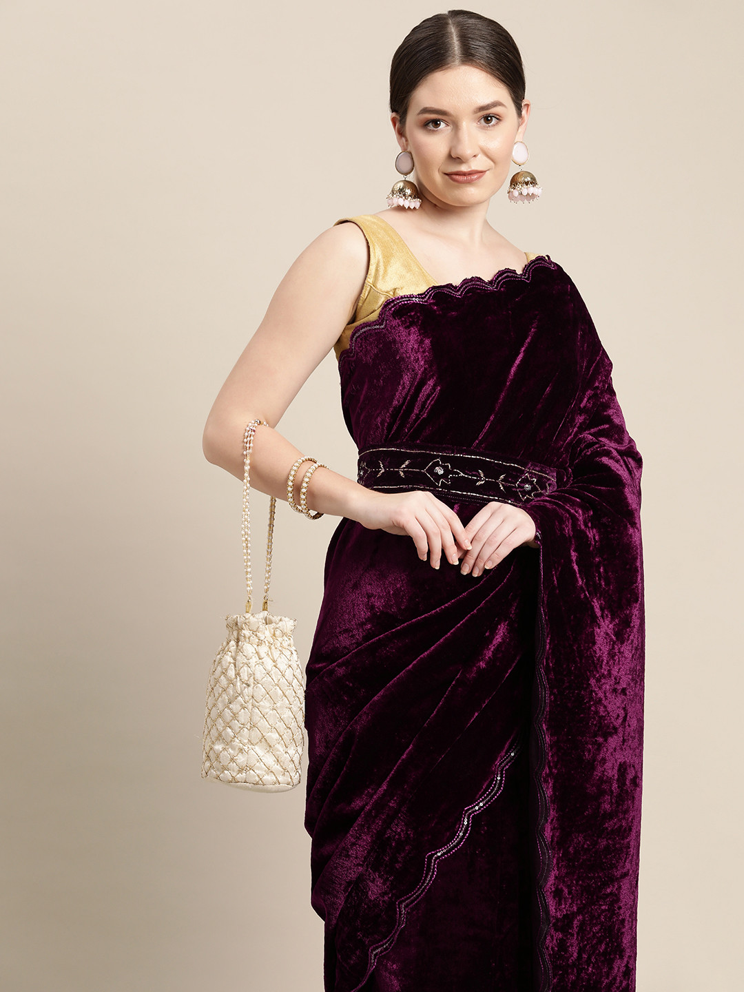 Buy VASTRANAND Burgundy Solid Sequin Detail Velvet Belted Saree With ...