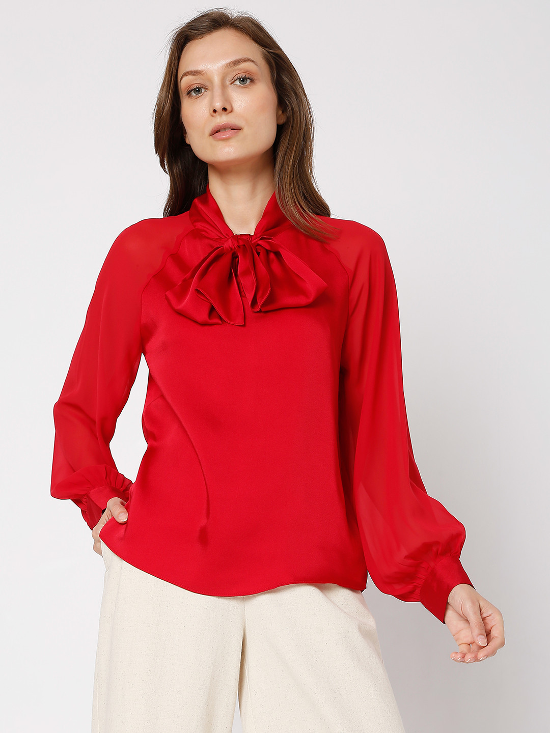 Buy Vero Moda Red Tie Up Neck Bishop Sleeves Top - Tops for Women ...