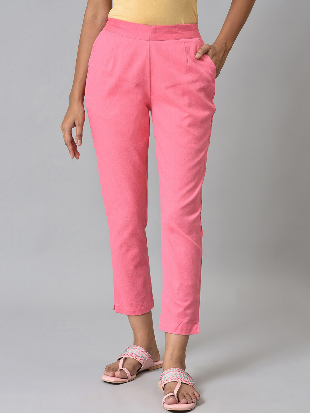 Buy AURELIA Women Pink Solid Cigarette Trousers - Trousers for Women ...