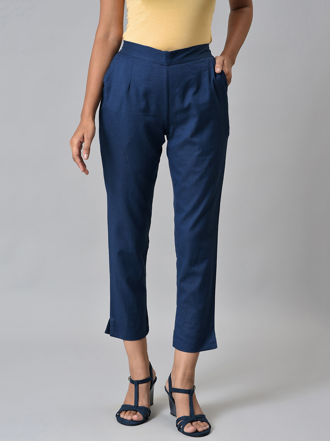 Buy AURELIA Women Navy Blue Cigarette Trousers - Trousers for Women ...