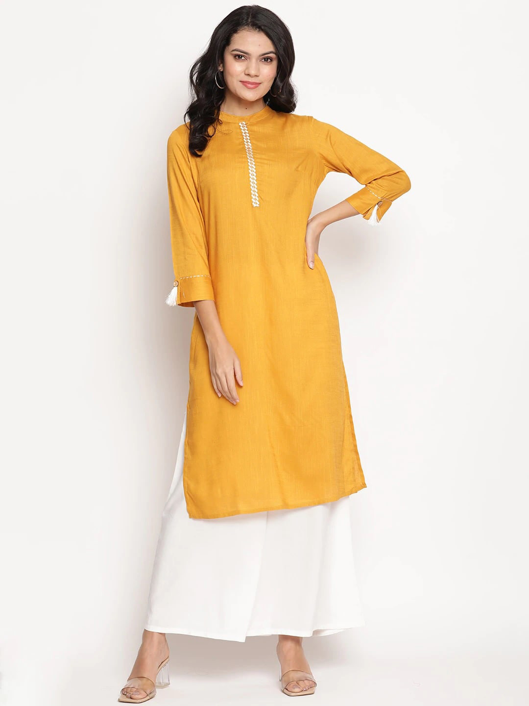Buy Be Indi Women Mandarin Collar Solid Straight Side Slits Regular ...