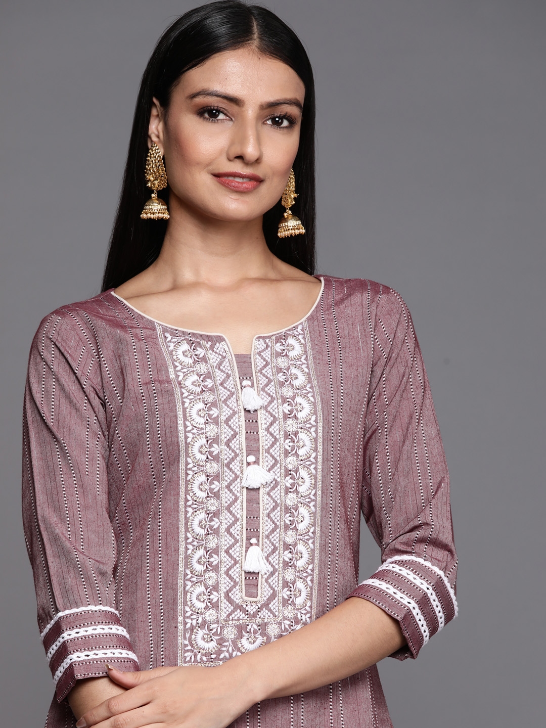 Buy Libas Women Mauve And White Ethnic Motifs Embroidered Thread Work