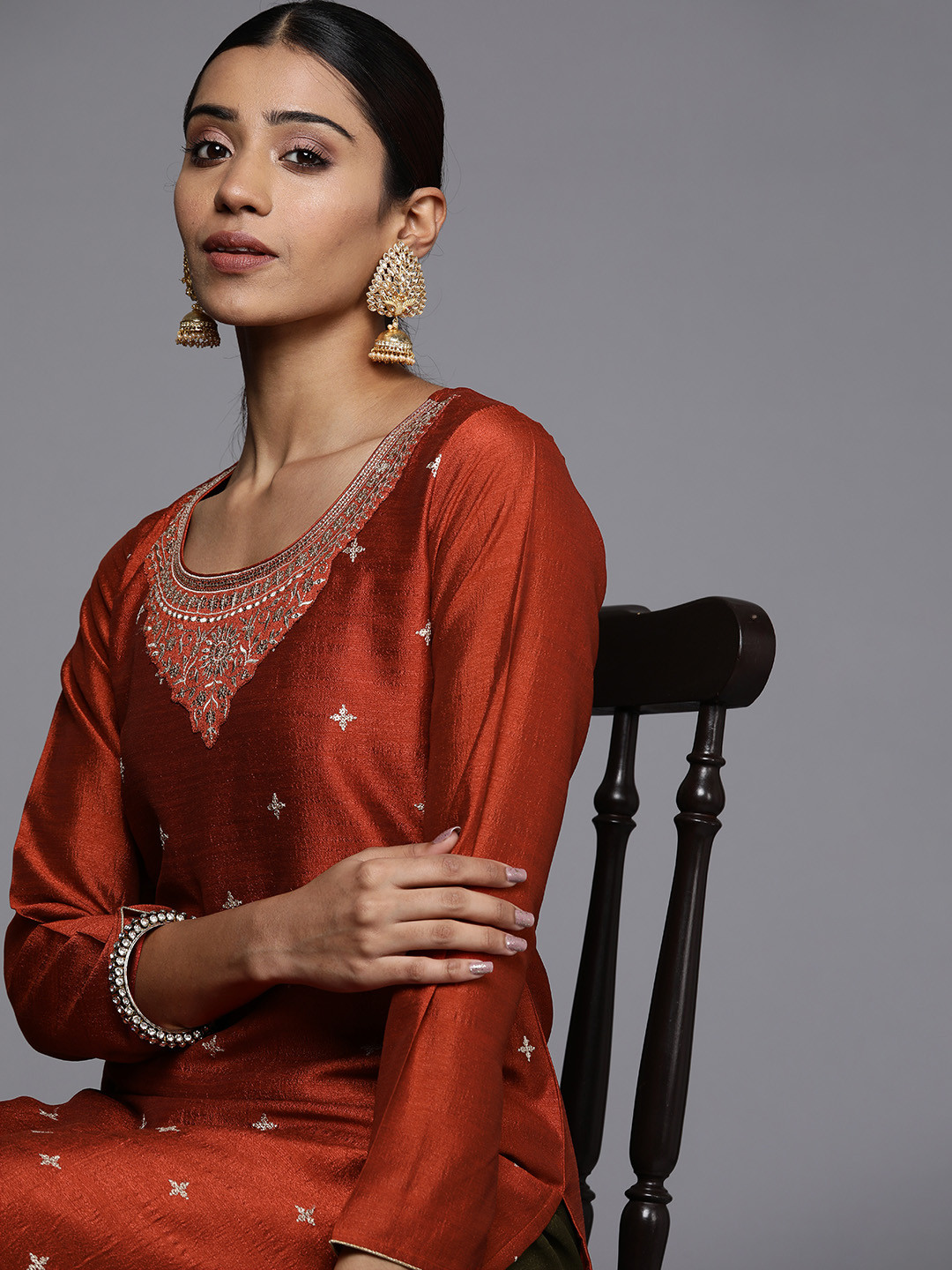 Buy Libas Women Rust Red Ethnic Motifs Embroidered Kurta - Kurtas for ...