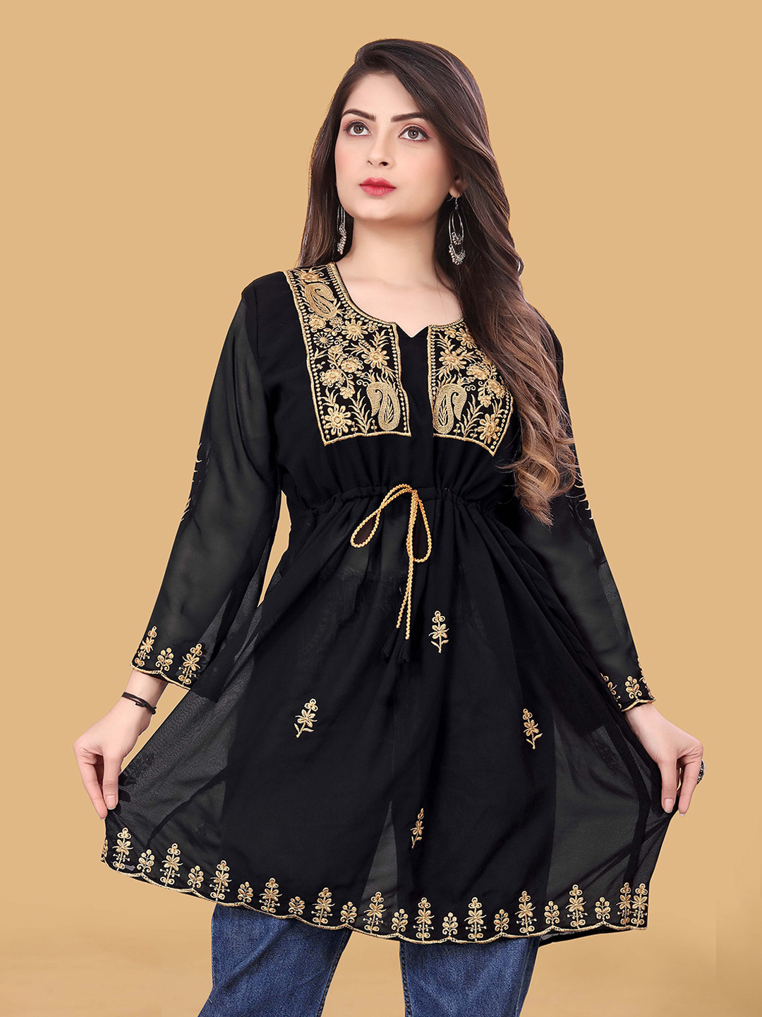 Buy WEAVETECH IMPEX Black & Gold Toned Floral Embroidered Georgette ...