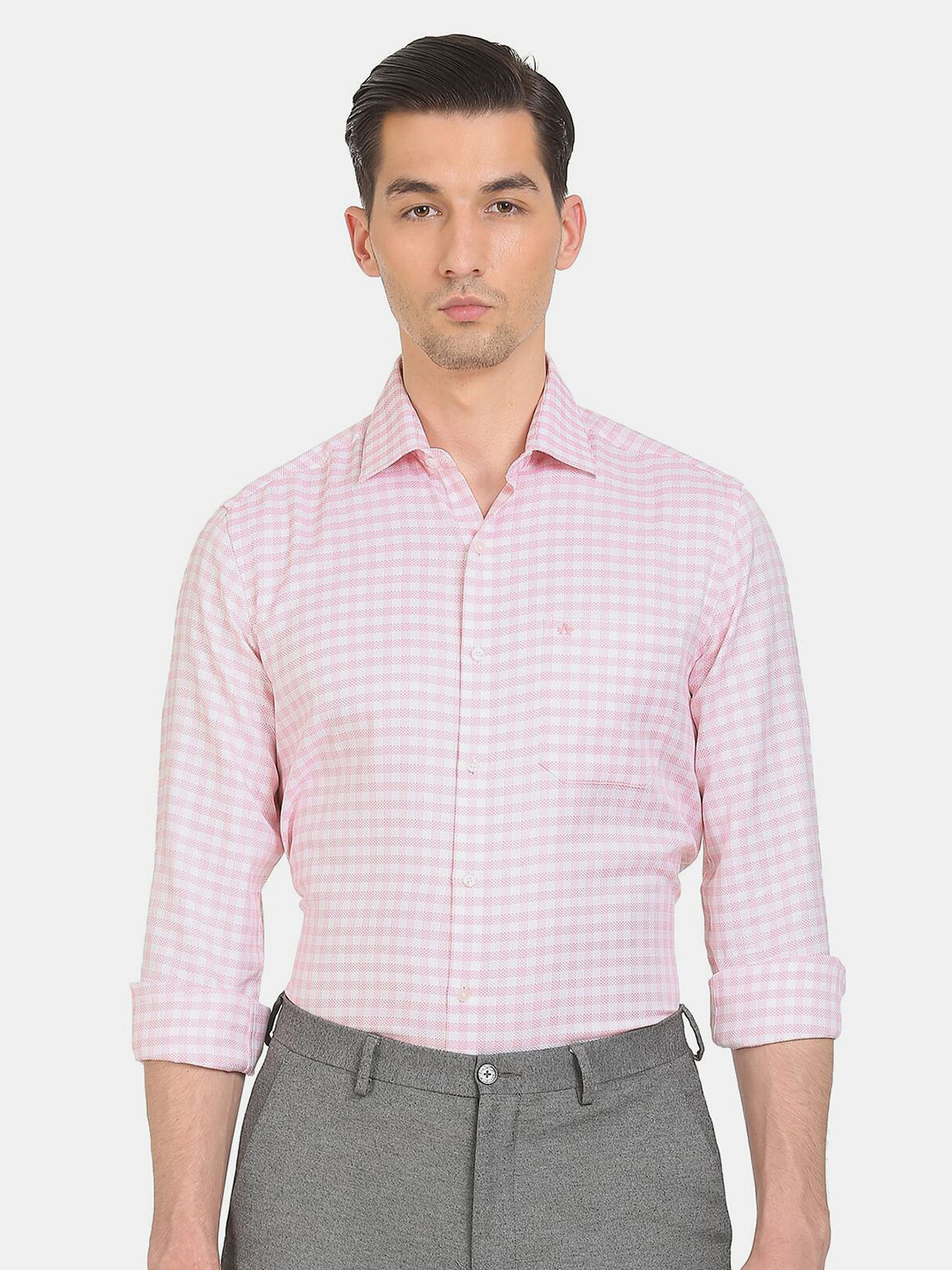 Buy Arrow Men Pink Slim Fit Grid Tattersall Checked Pure Cotton Formal ...