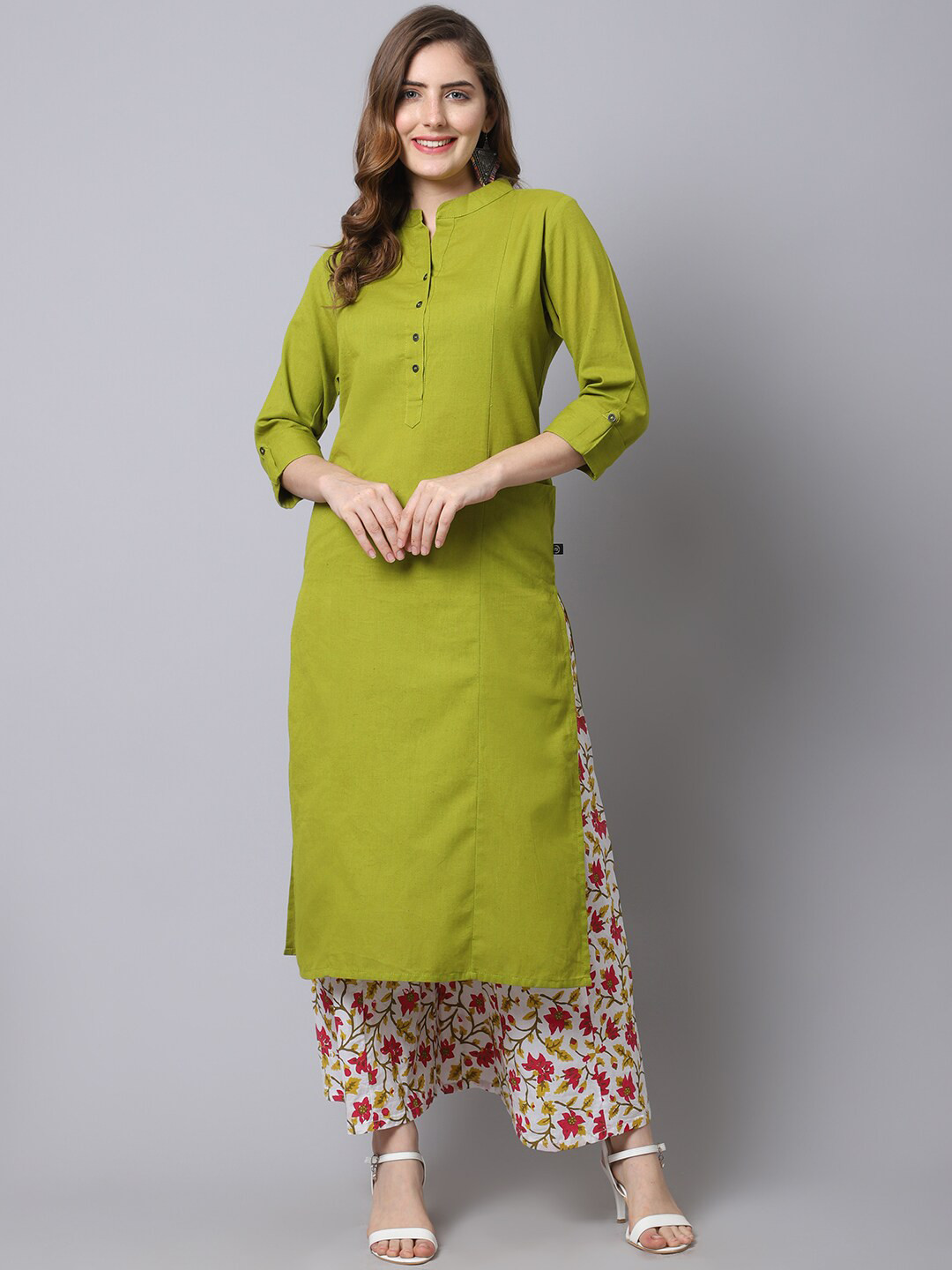 Buy Pistaa Women Green Floral Panelled Kurta With Palazzos - Kurta Sets ...