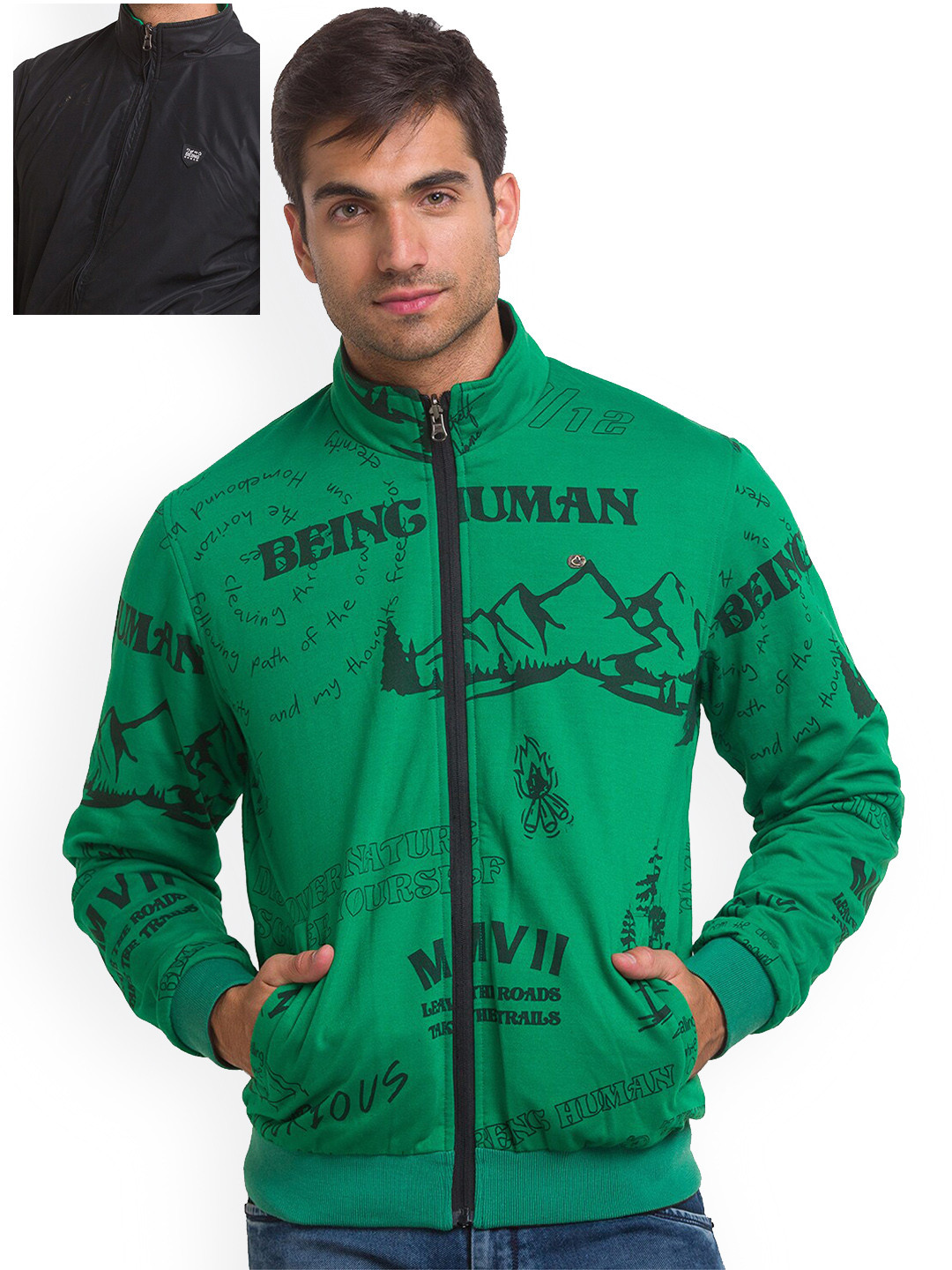 Buy Being Human Men Black Green Pack Of 2 Printed Bomber Jacket ...