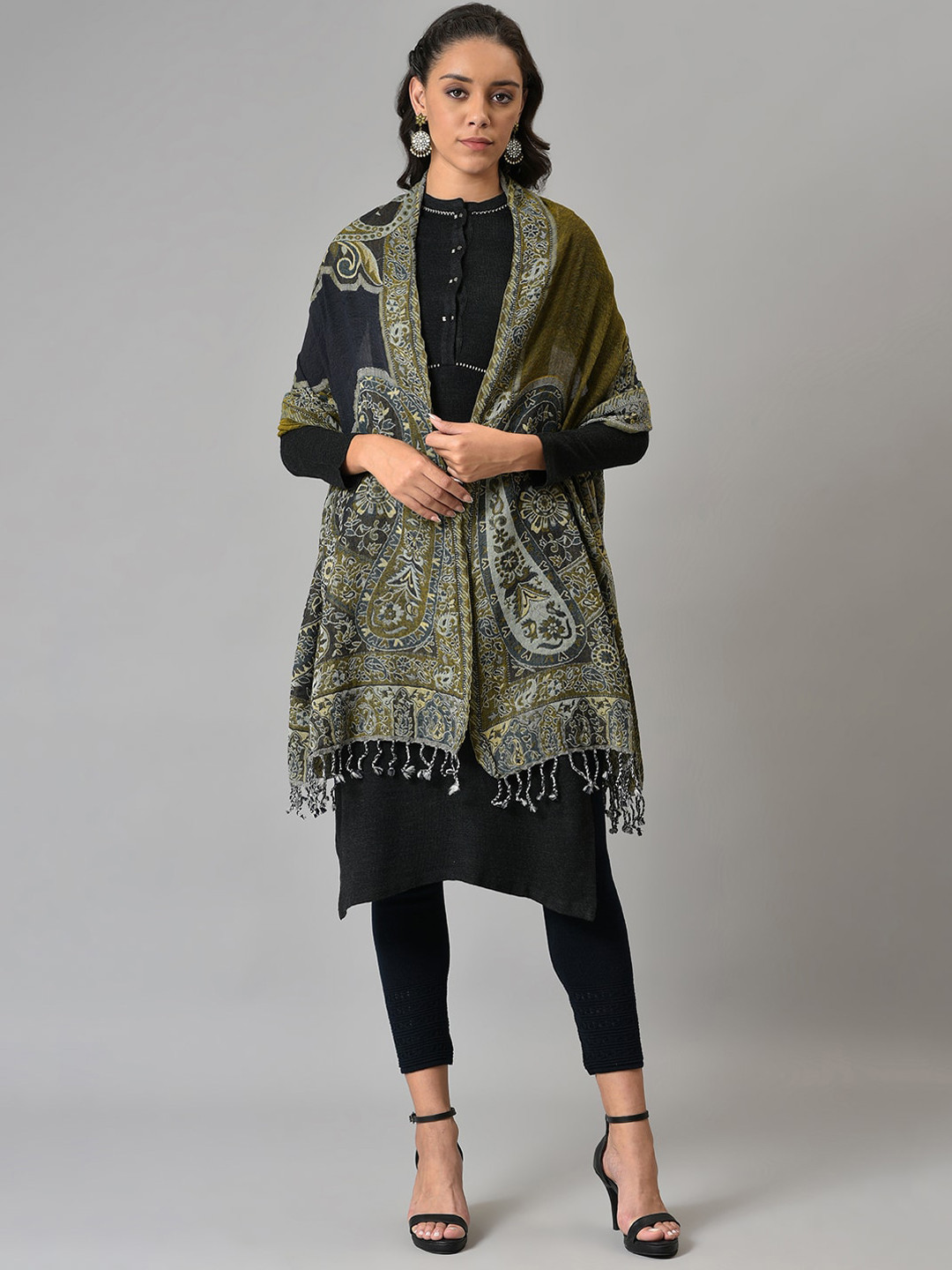 Buy W Ethnic Motifs Woven Design Knitted Pure Woollen Shawl - Shawl for ...